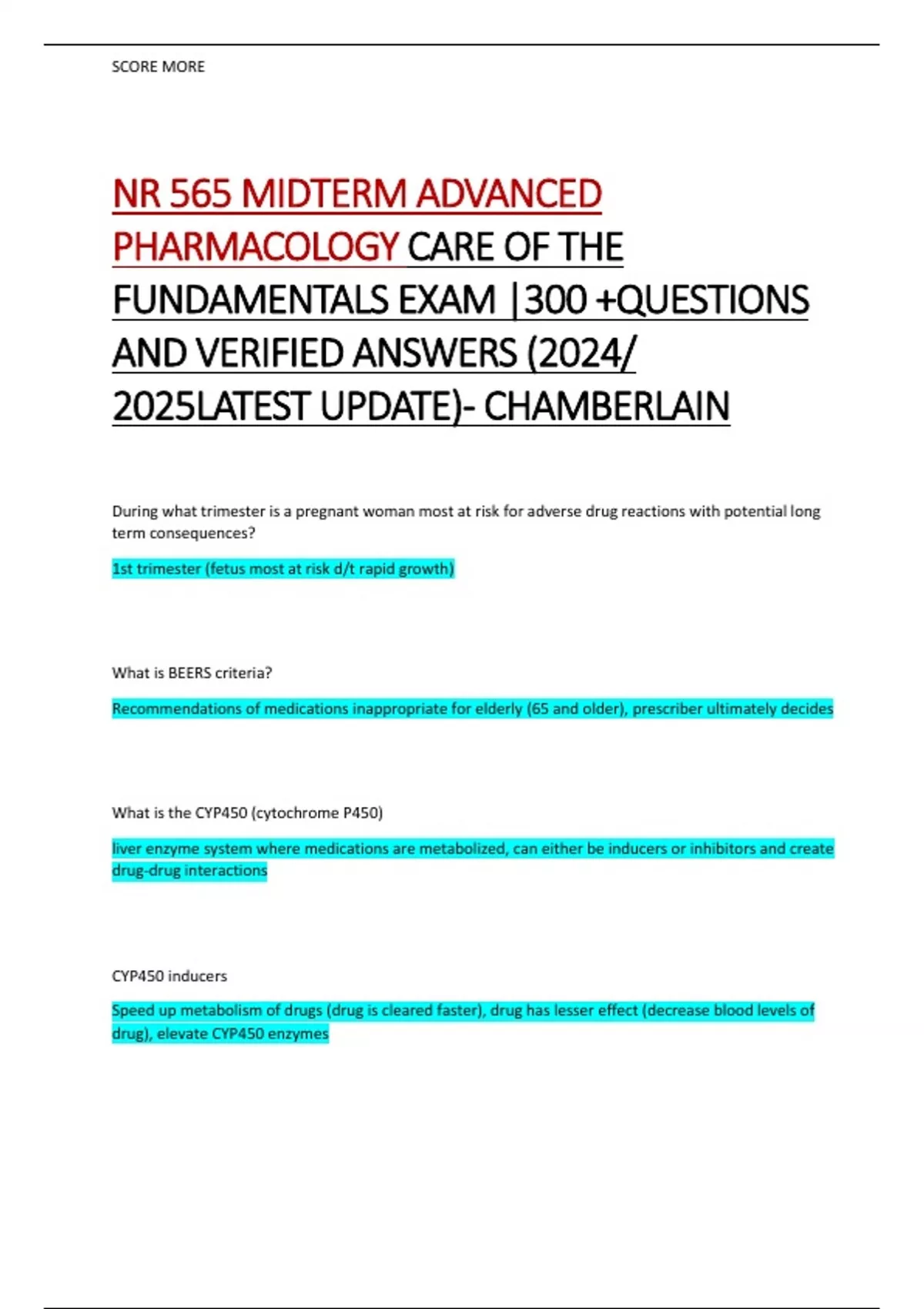 NR 565 MIDTERM ADVANCED PHARMACOLOGY CARE OF THE FUNDAMENTALS EXAM |300 +QUESTIONS AND VERIFIED ...