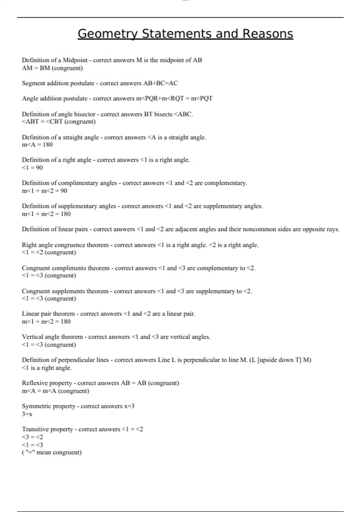 Geometry Statements and Reasons With Complete Solutions Latest Update ...