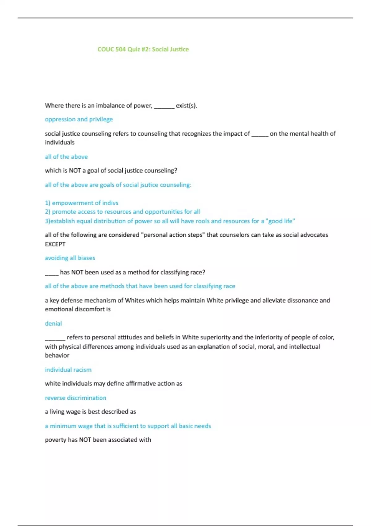 COUC 504 Quiz #2: Social Justice question and answers rated A+ correct ...