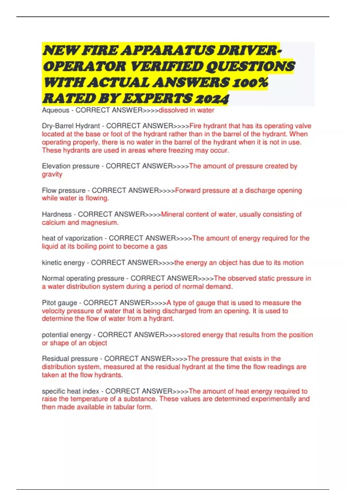 NEW FIRE APPARATUS DRIVER- OPERATOR VERIFIED QUESTIONS WITH ACTUAL ...
