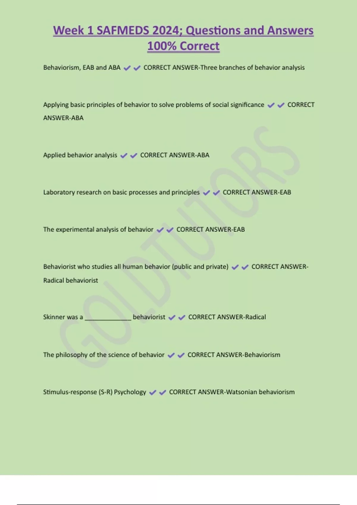 Week 1 SAFMEDS 2024; Questions and Answers 100% Correct - SAFMEDS ...