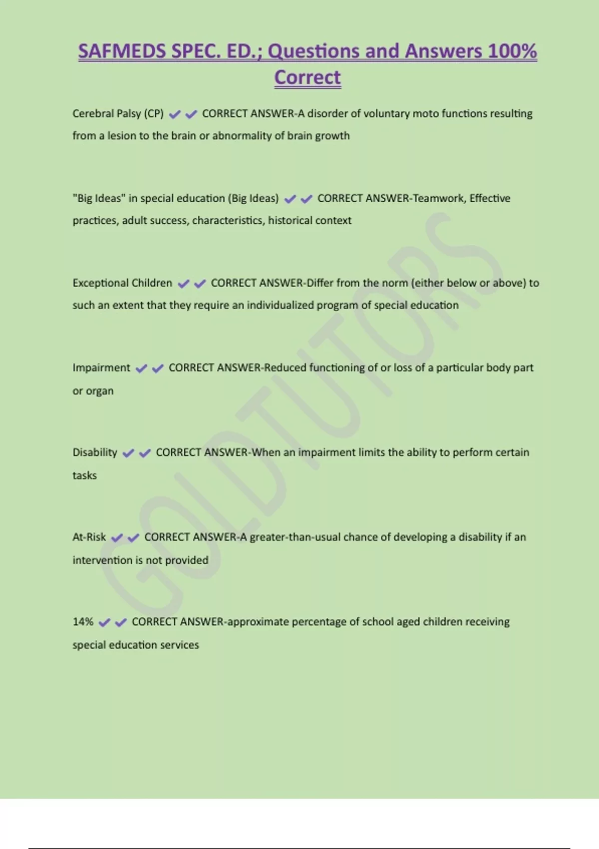 SAFMEDS SPEC. ED.; Questions and Answers 100% Correct - SAFMEDS - Stuvia US