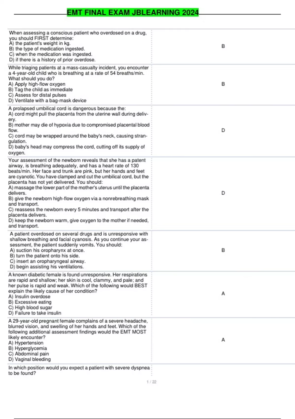 EMT FINAL EXAM JBLEARNING 2024 - EMT JBLEARNING 2024 - Stuvia US