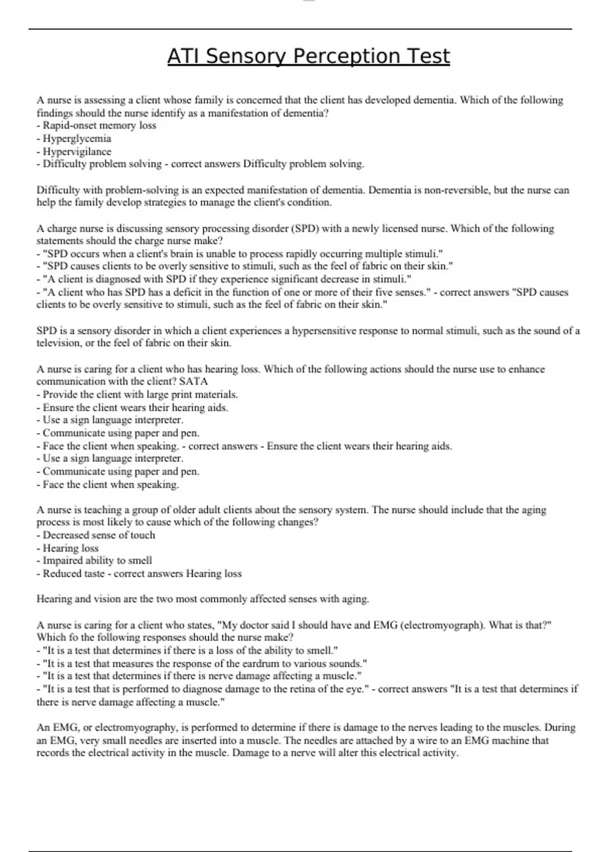 ATI Sensory Perception Test With Complete Solutions Latest upload ...