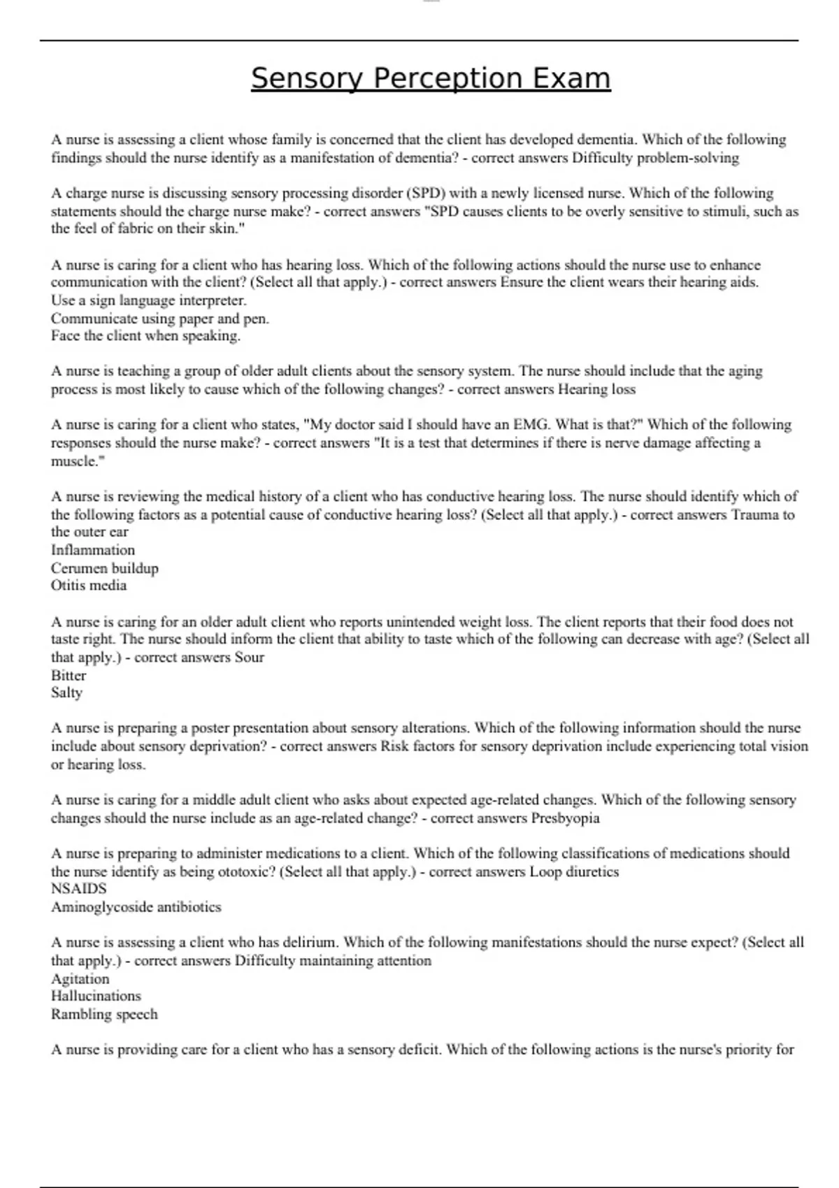 Sensory Perception Exam With Complete Solutions Latest upload - Sensory ...