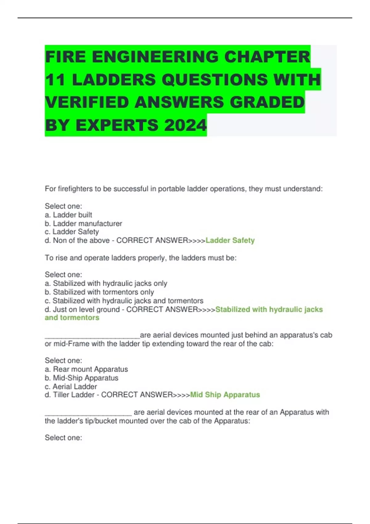 FIRE ENGINEERING CHAPTER 11 LADDERS QUESTIONS WITH VERIFIED ANSWERS ...