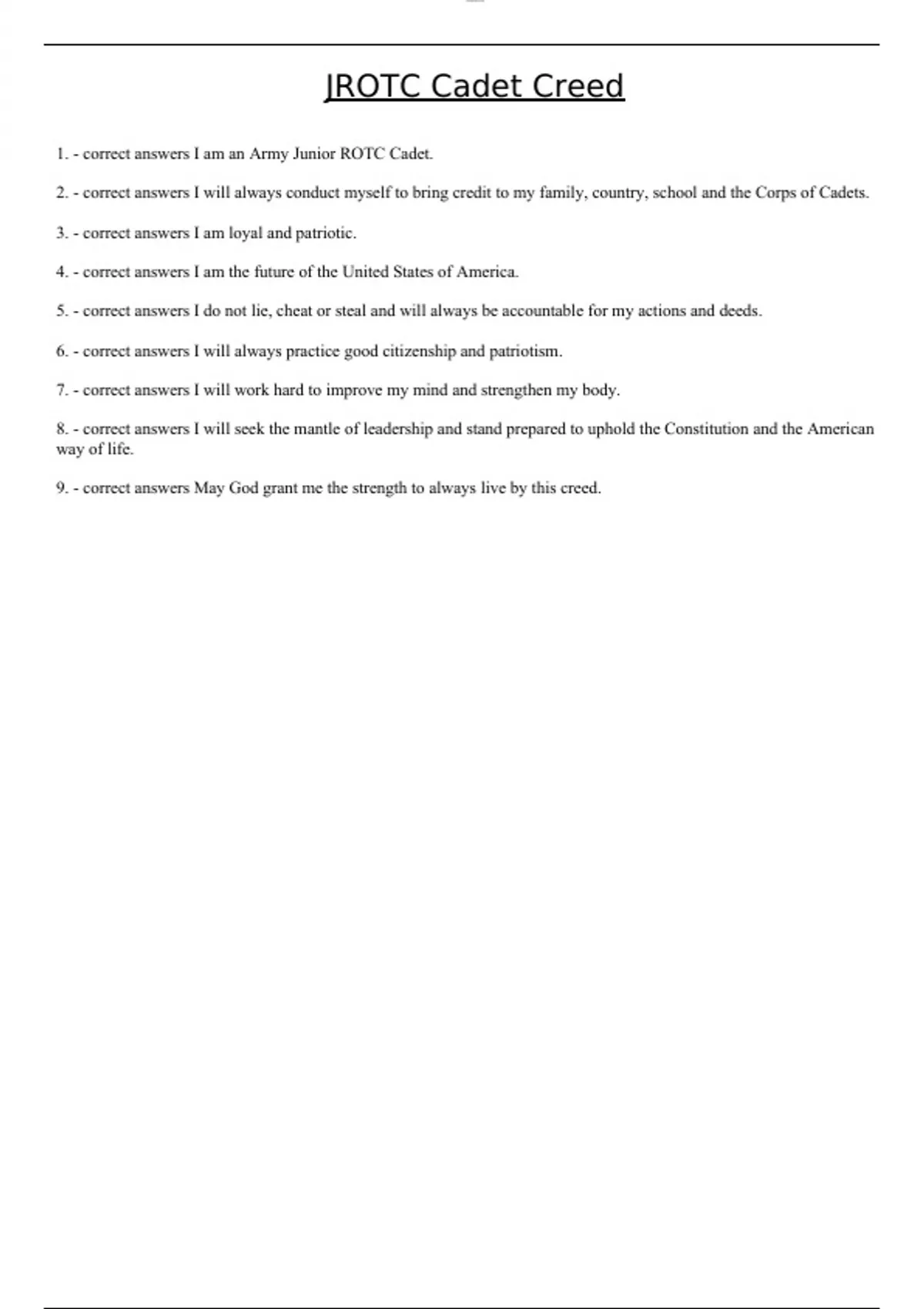 JROTC Cadet Creed With Complete Solutions Latest upload - JROTC - Stuvia US