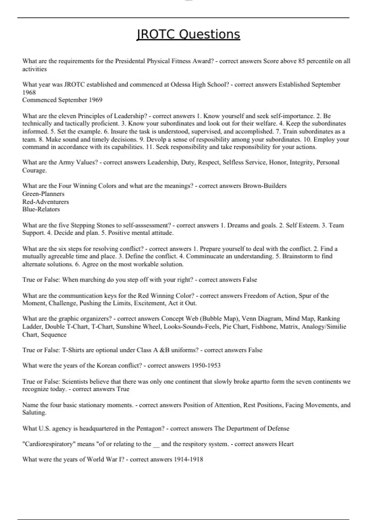 JROTC Questions With Complete Solutions Latest upload - JROTC - Stuvia US