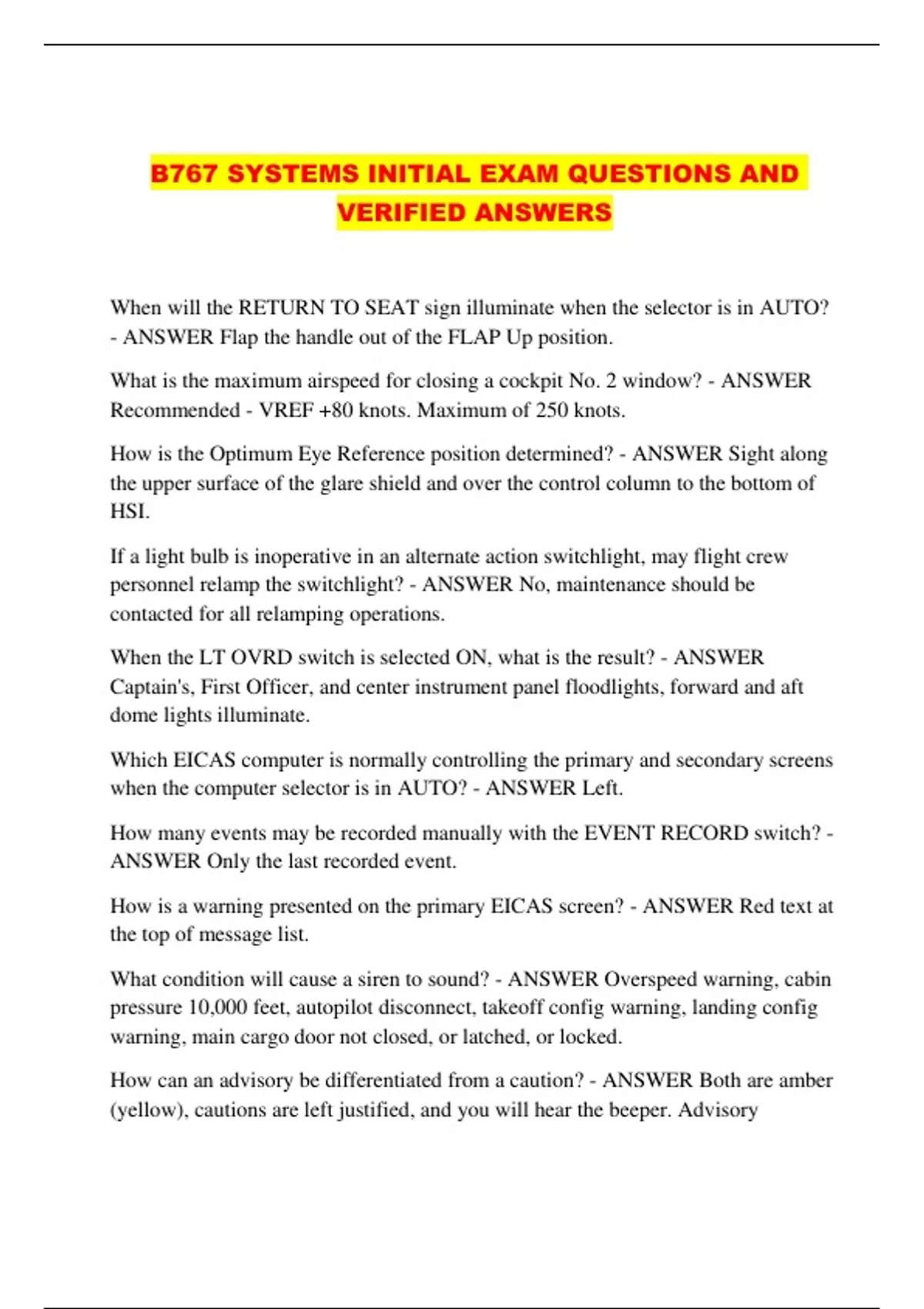 B767 SYSTEMS INITIAL EXAM QUESTIONS AND VERIFIED ANSWERS - B767 SYSTEMS ...
