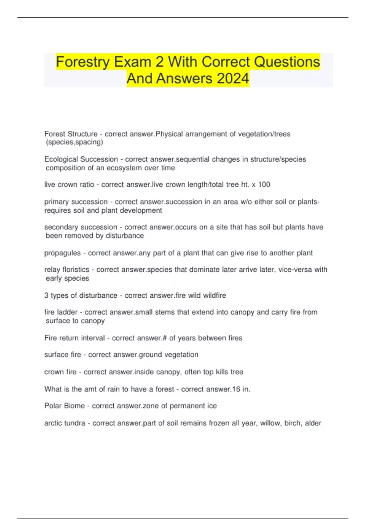 Forestry Exam 2 With Correct Questions And Answers 2024 - Forestry ...