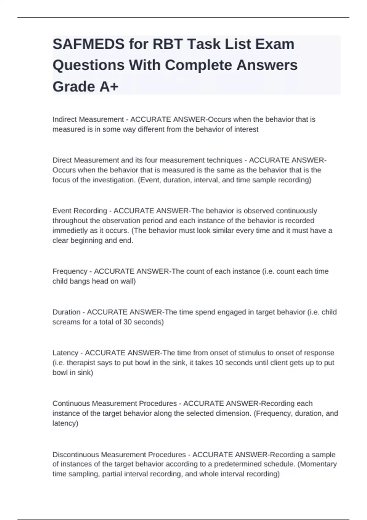 SAFMEDS for RBT Task List Exam Questions With Complete Answers Grade A+ ...