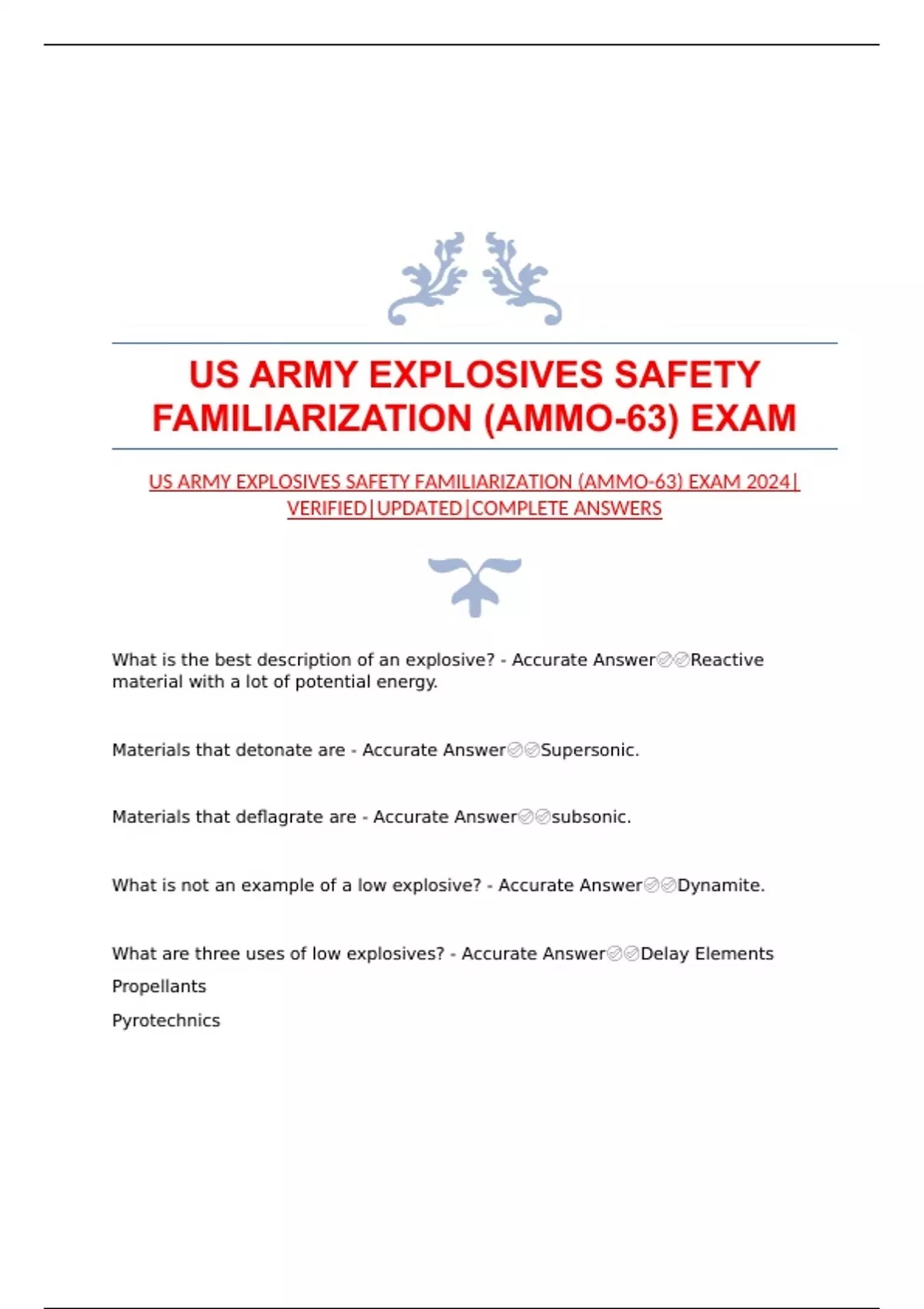 US ARMY EXPLOSIVES SAFETY FAMILIARIZATION (AMMO-63) EXAM 2024|VERIFIED ...