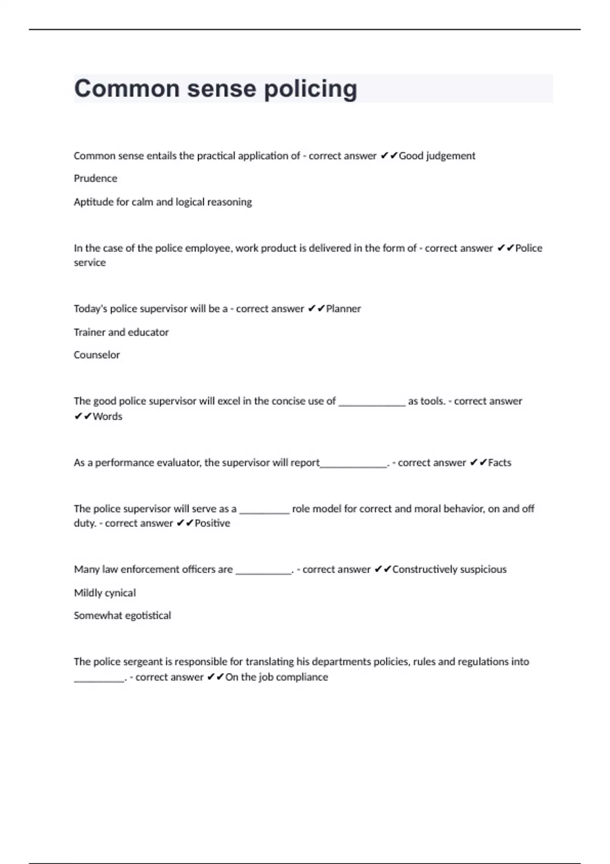 Common sense policing questions with correct answers graded A+ - Police ...