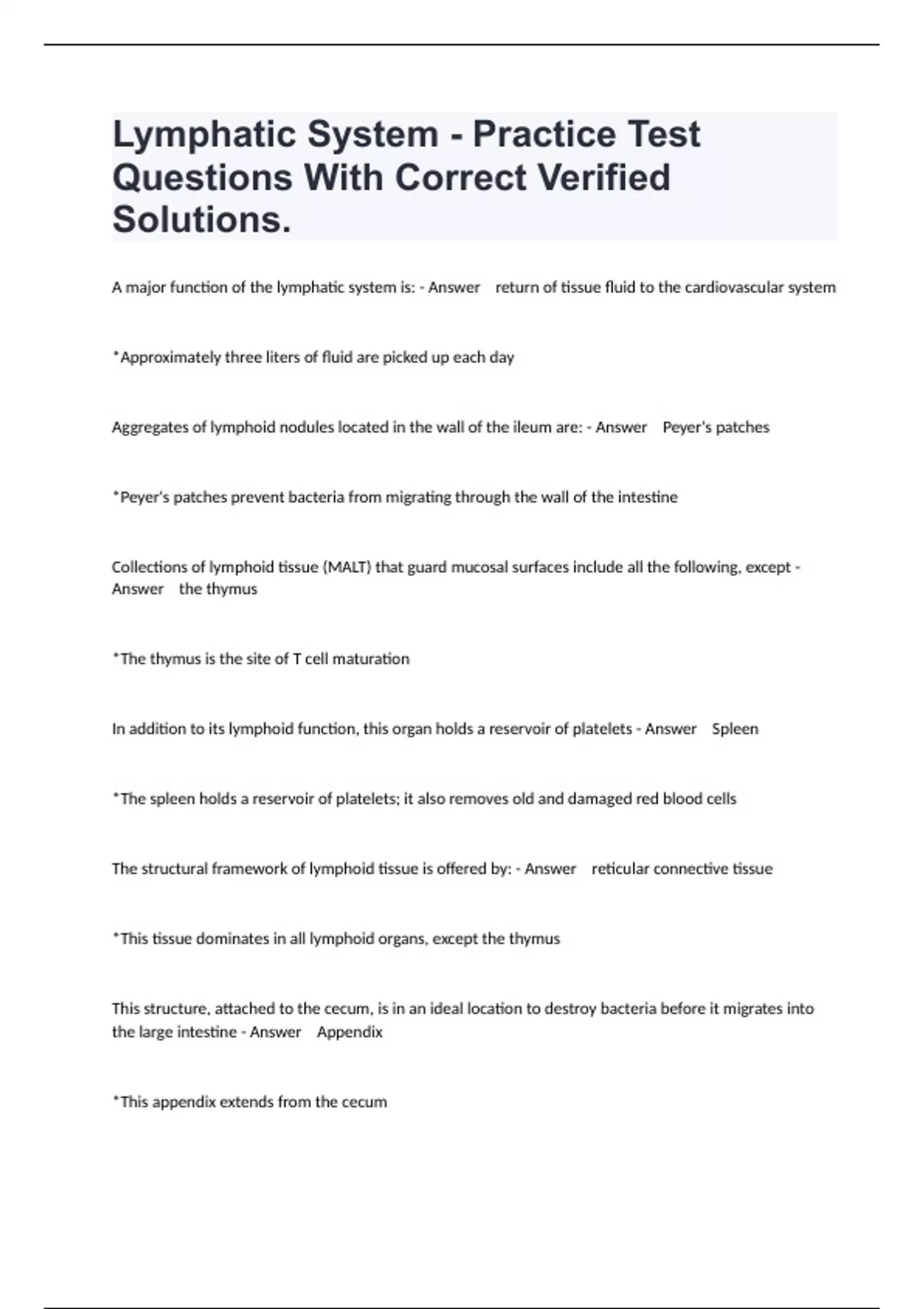 Lymphatic System - Practice Test Questions With Correct Verified ...