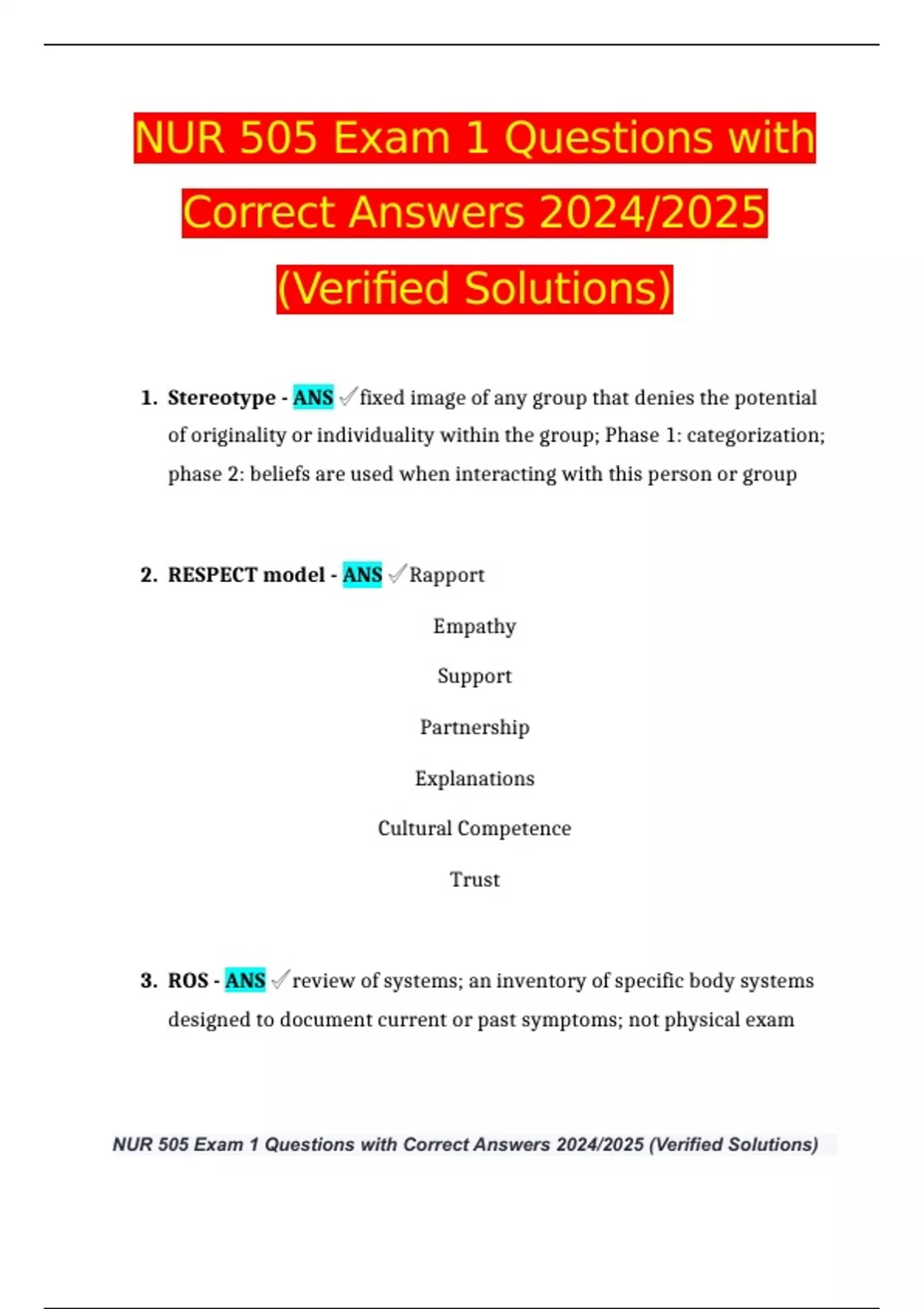 NUR 505 Exam 1 Questions with Correct Answers 2024/2025 (Verified ...