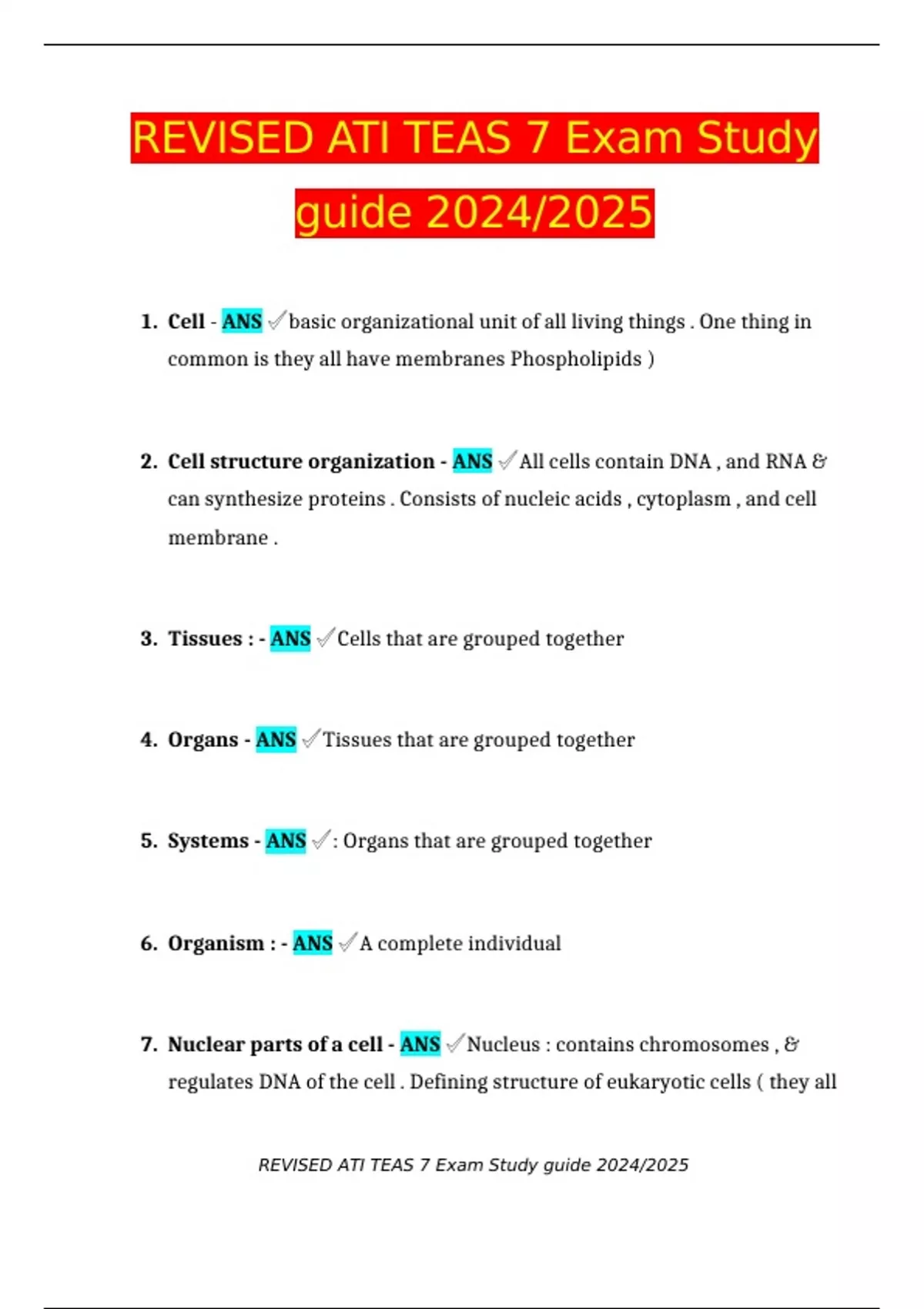REVISED ATI TEAS 7 Exam Study guide 2024/2025 - ATI Teas - Stuvia US