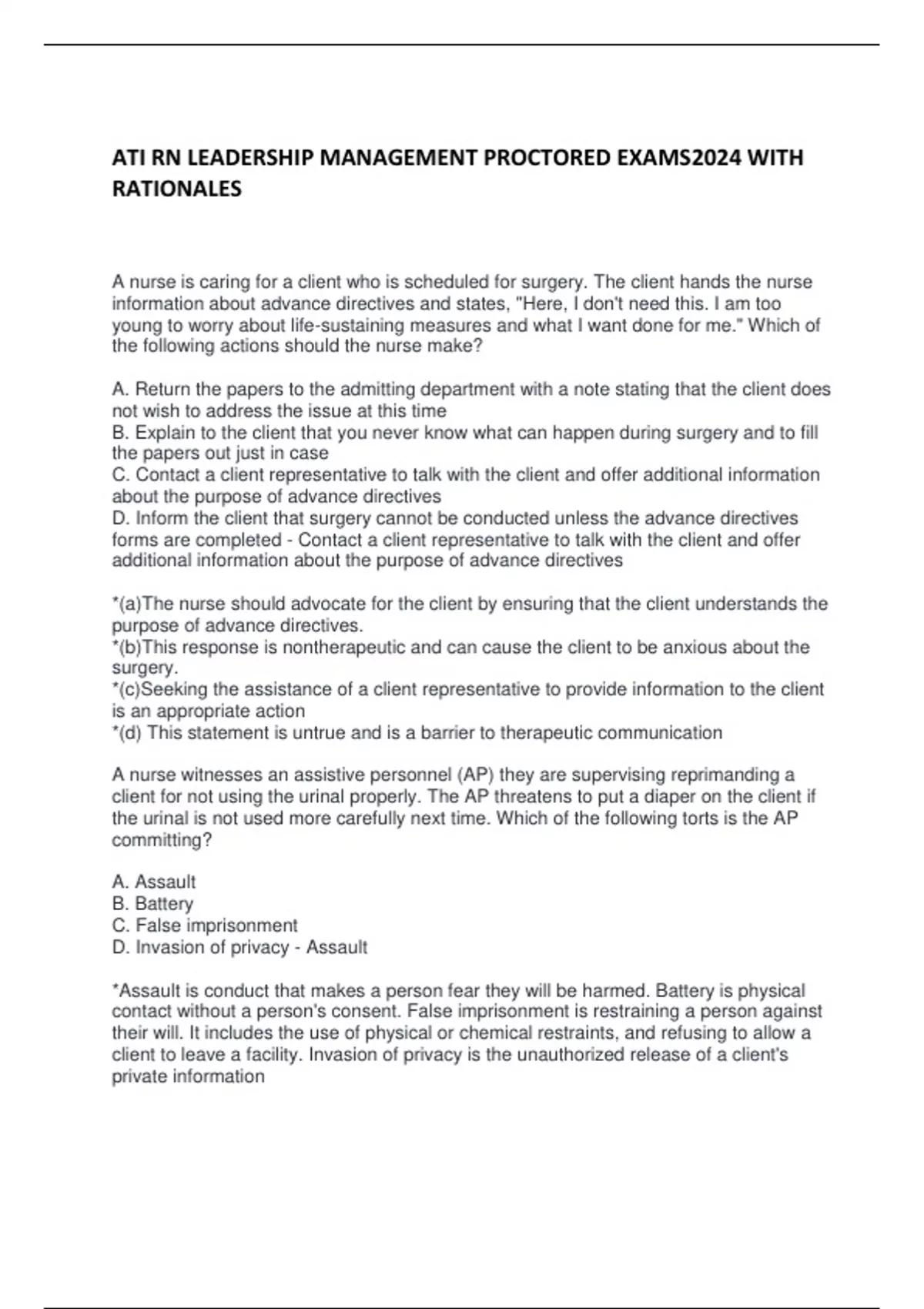 ATI RN LEADERSHIP MANAGEMENT PROCTORED EXAMS2024 WITH RATIONALES - ATI ...