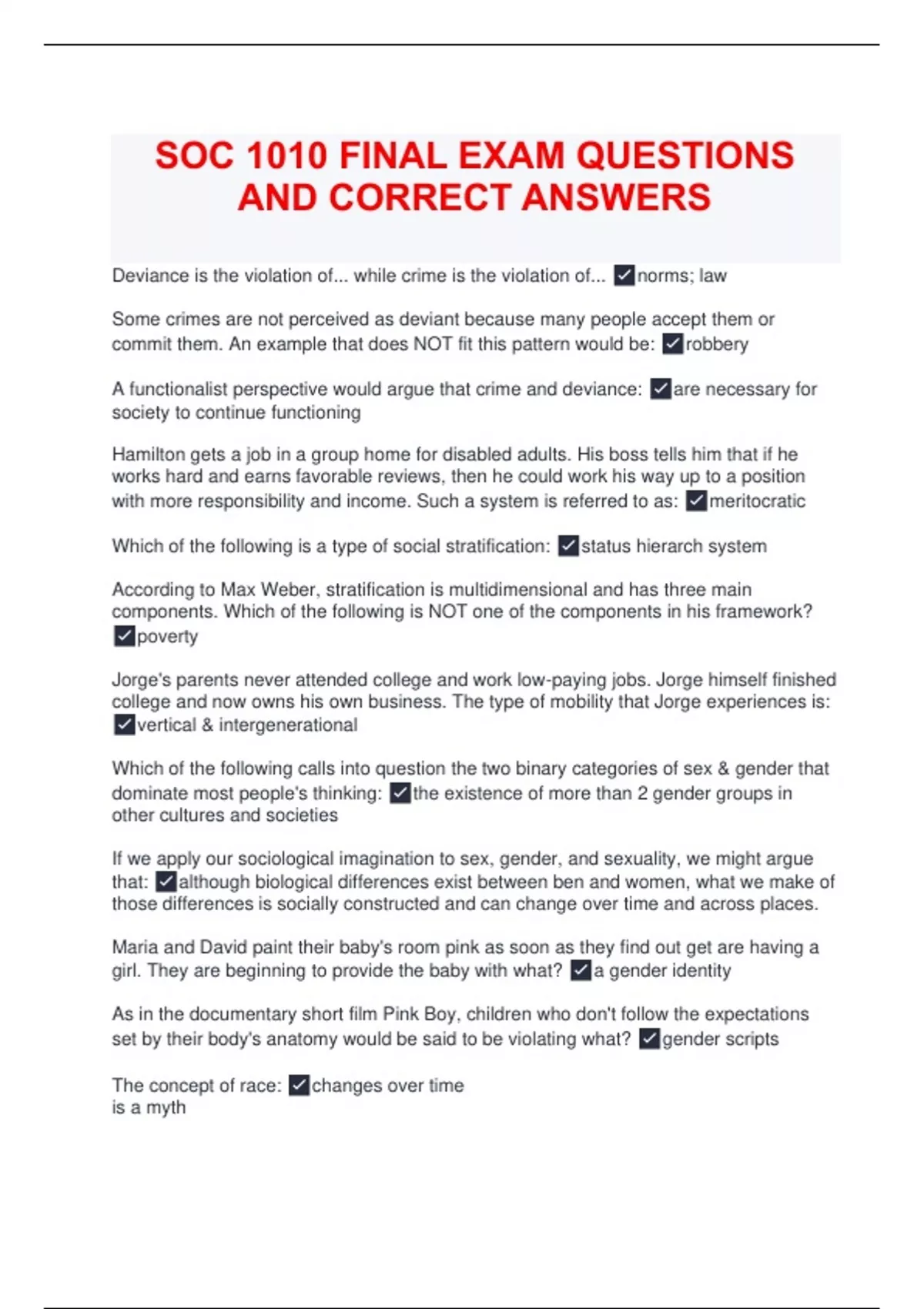 SOC 1010 FINAL EXAM QUESTIONS AND CORRECT ANSWERS - SOC 1010 - Stuvia US