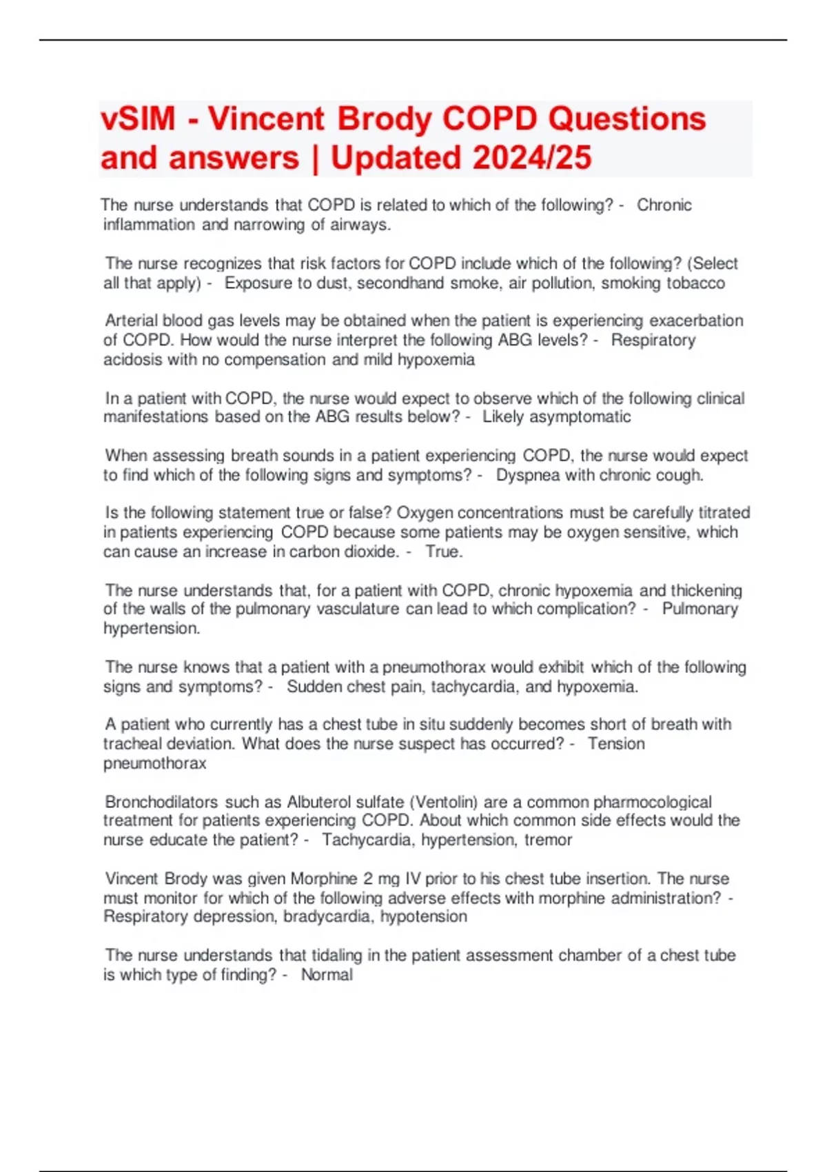 vSIM - Vincent Brody COPD Questions and answers | Updated 2024/25 - VSIM - Vincent Brody COPD ...