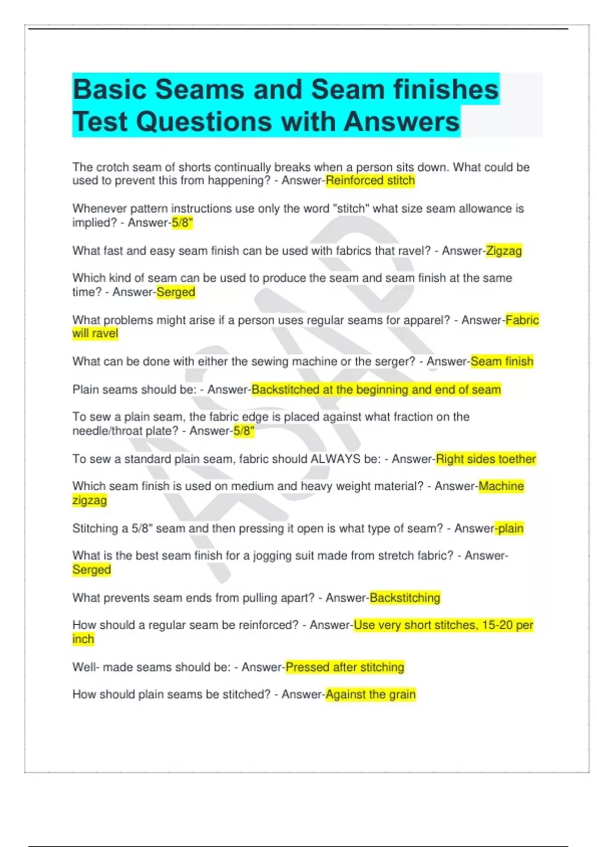 Basic Seams and Seam finishes Test Questions with Answers - Basic Seams ...