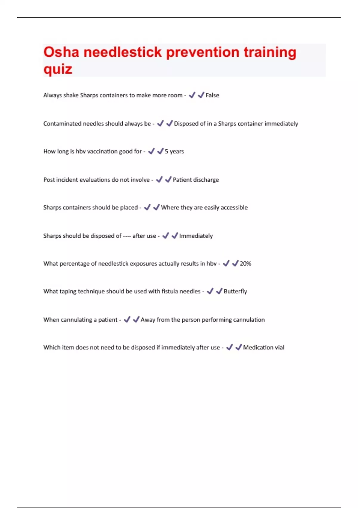 Osha needlestick prevention training quiz Updated 2024/2025 Actual ...