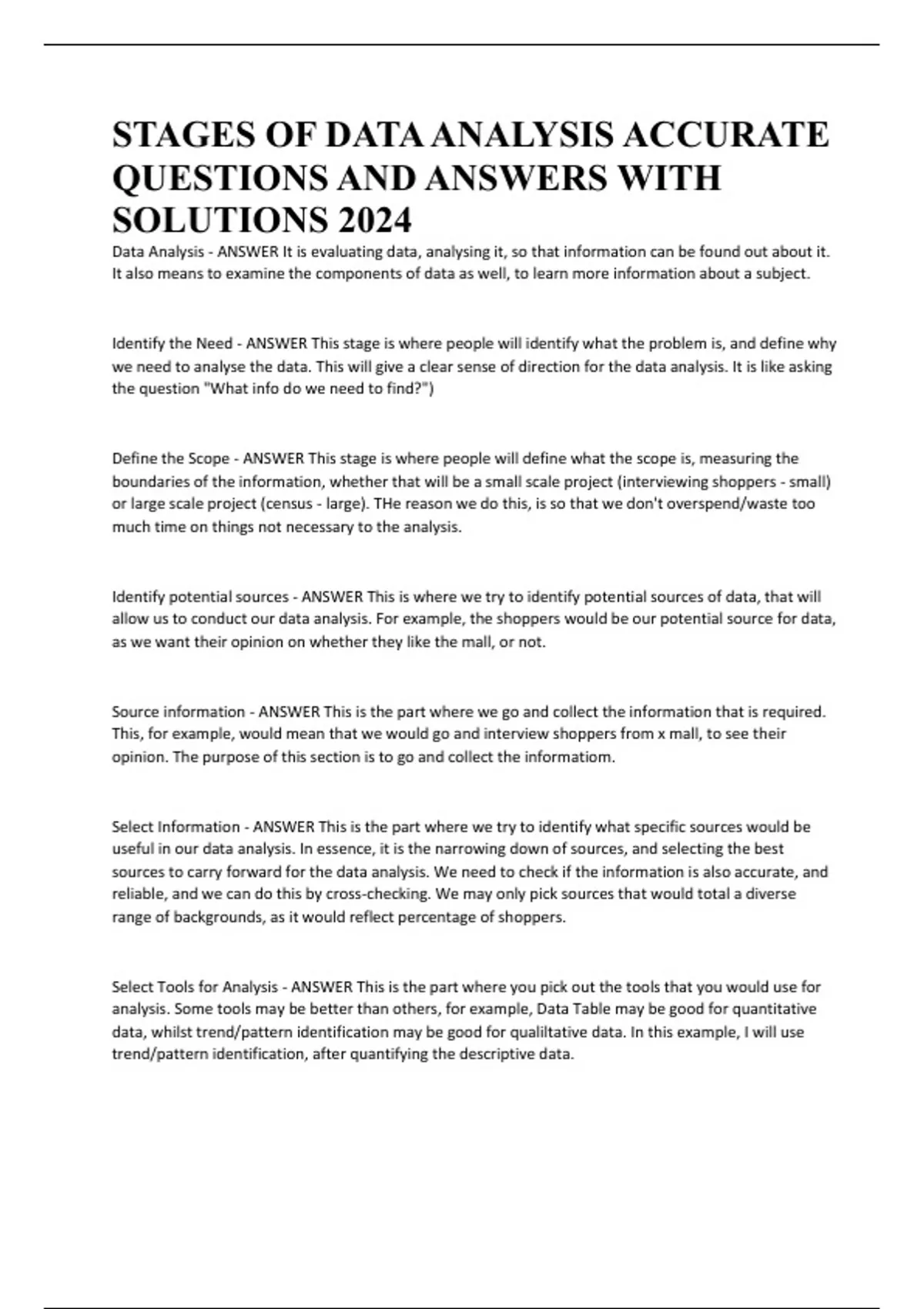 STAGES OF DATA ANALYSIS ACCURATE QUESTIONS AND ANSWERS WITH SOLUTIONS ...