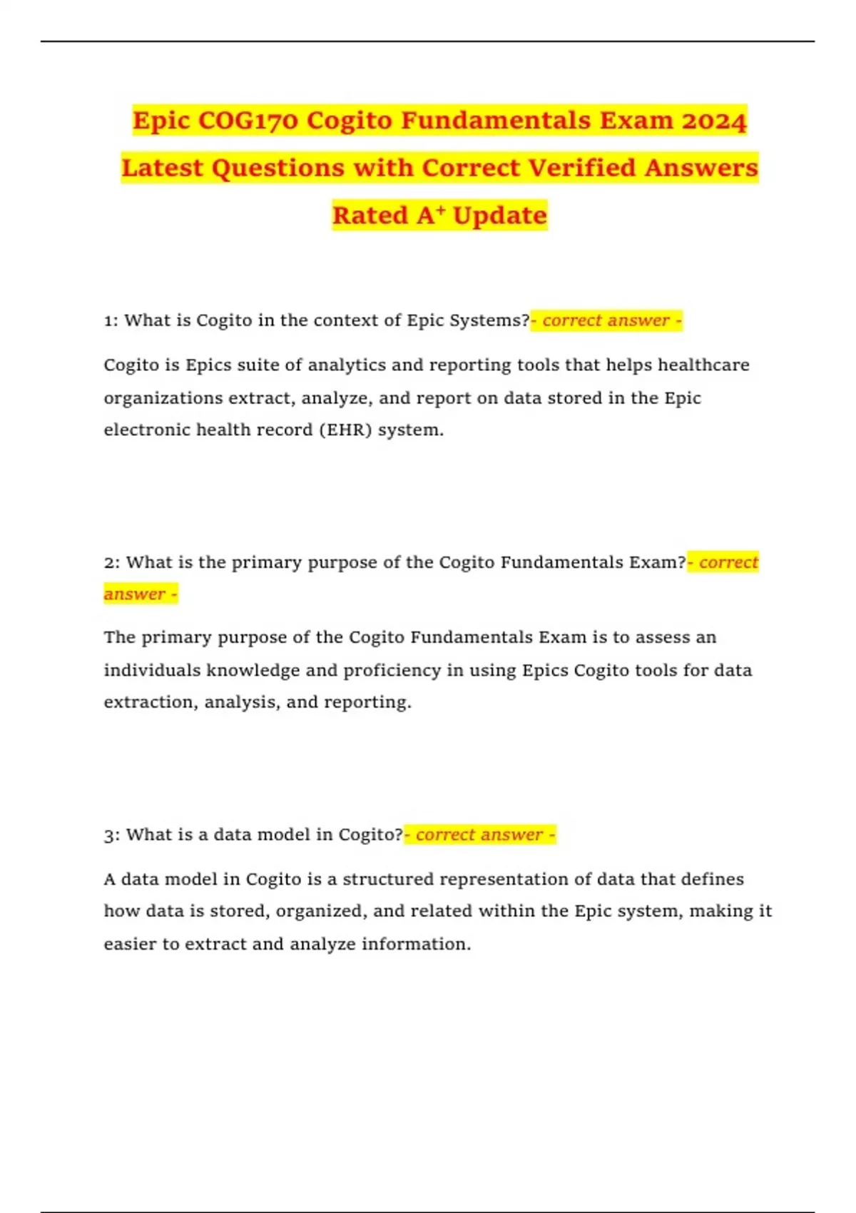 Epic COG170 Cogito Fundamentals Exam 2024 Latest Questions with Correct ...