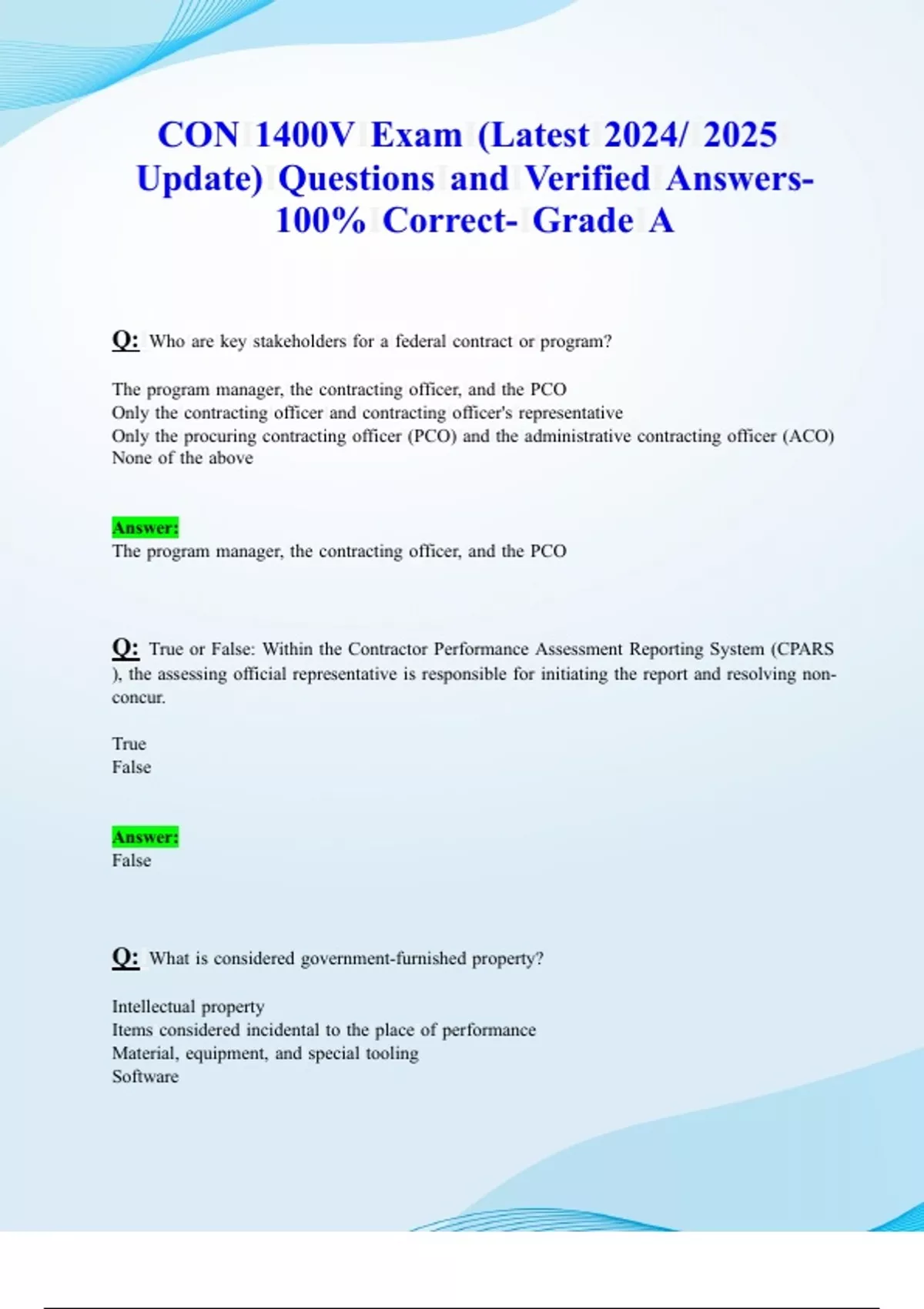 CON 1400V Exam (Latest 2024/ 2025 Update) Questions and Verified ...