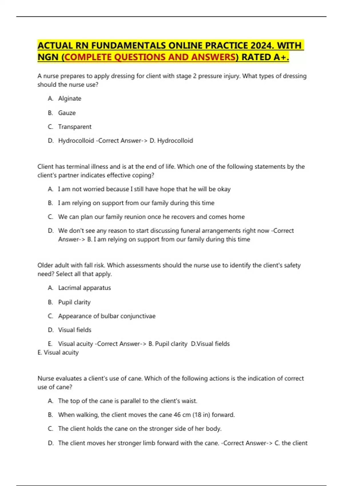 ACTUAL RN FUNDAMENTALS ONLINE PRACTICE 2024. WITH NGN (COMPLETE ...