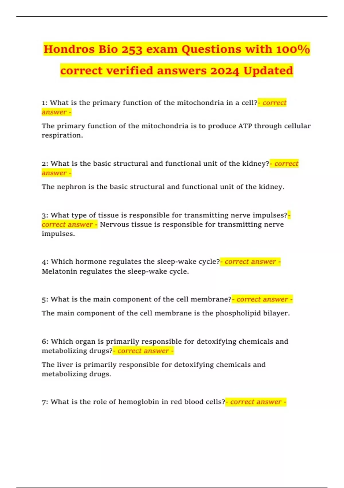Hondros Bio 253 exam Questions with 100% correct verified answers ...