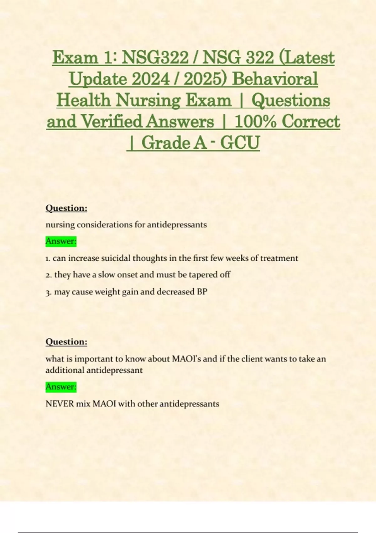 Exam 1: NSG322 / NSG 322 (Latest Update 2024 / 2025) Behavioral Health ...