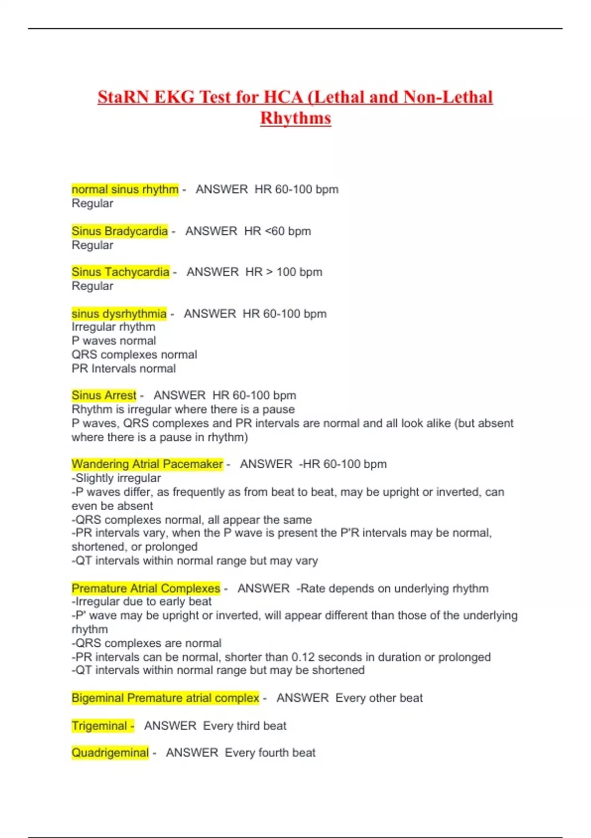 StaRN EKG Test for HCA (Lethal and Non-Lethal Rhythms normal sinus ...