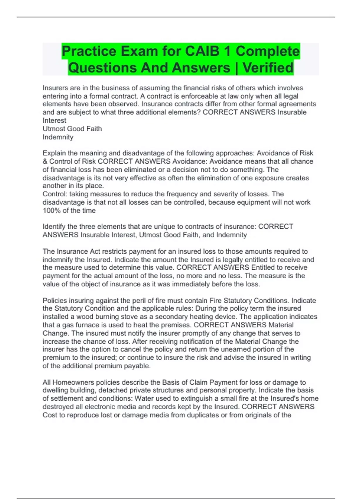 Practice Exam for CAIB 1 Complete Questions And Answers | Verified ...