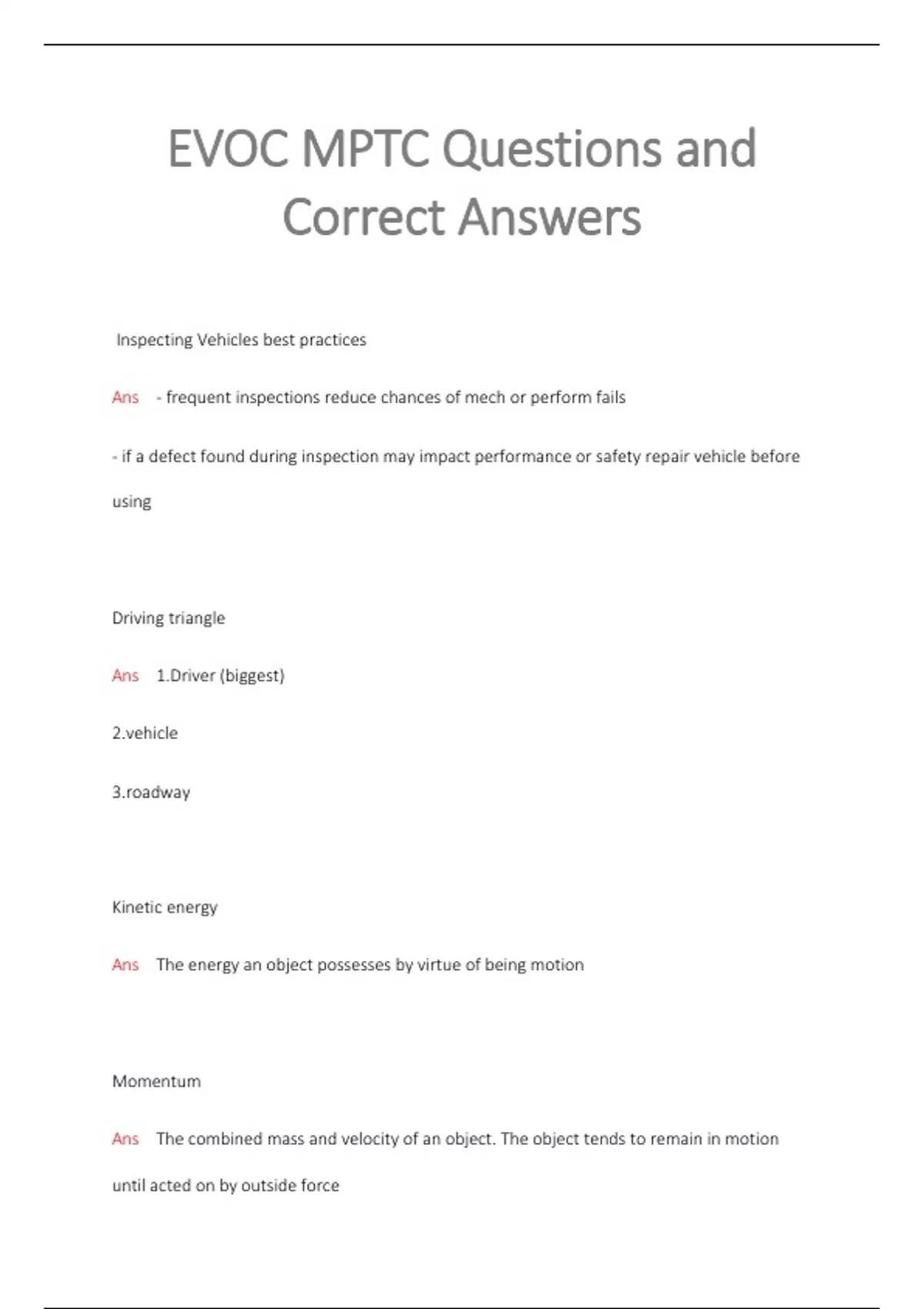 EVOC EXAMS AND COMPLETE CORRECT DETAILED ANSWERS |ALREADY GRADED A+ ...
