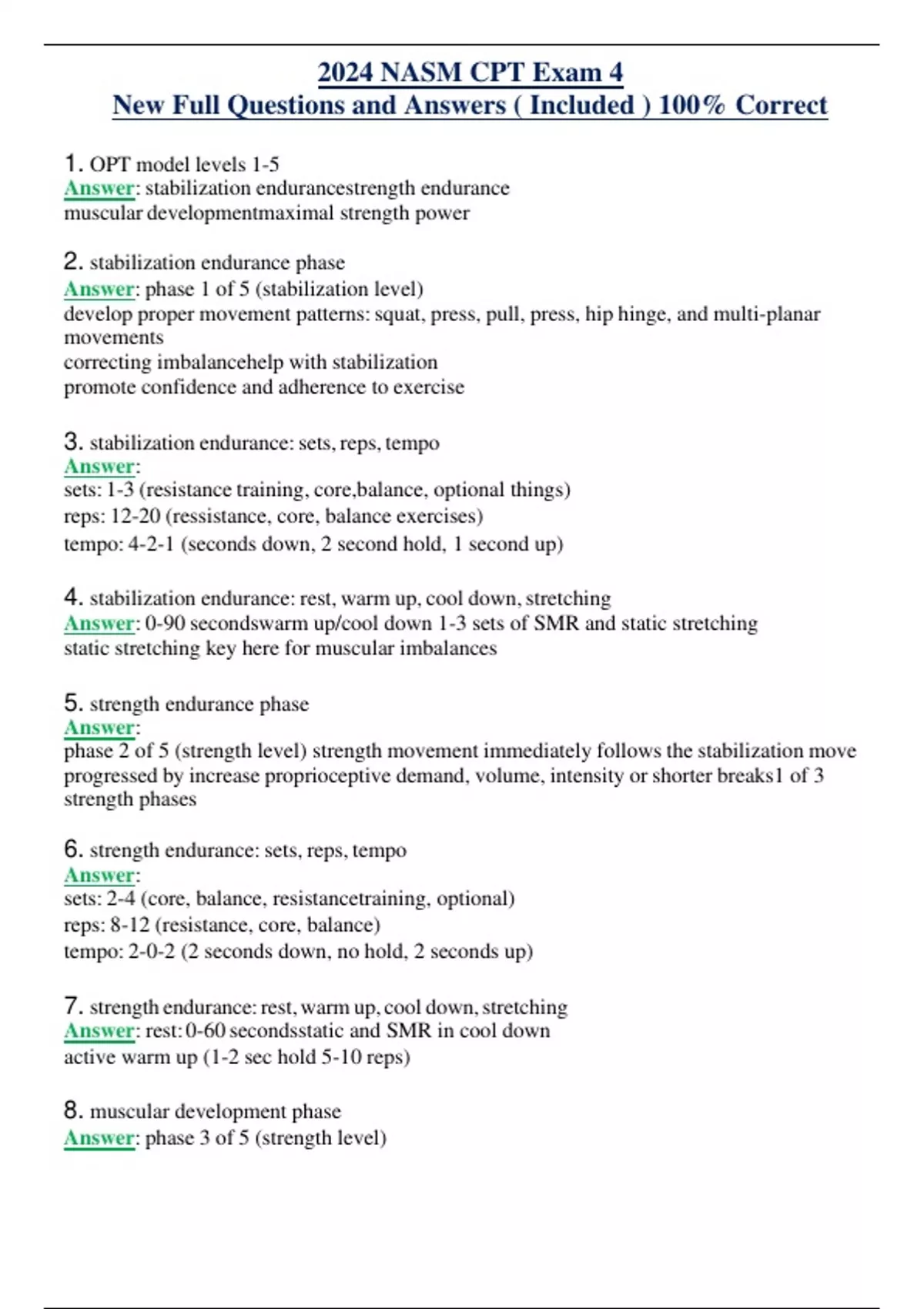 2024 NASM CPT Exam 4 New Full Questions and Answers ( Included ) 100% Correct - Nasm cpt - Stuvia US