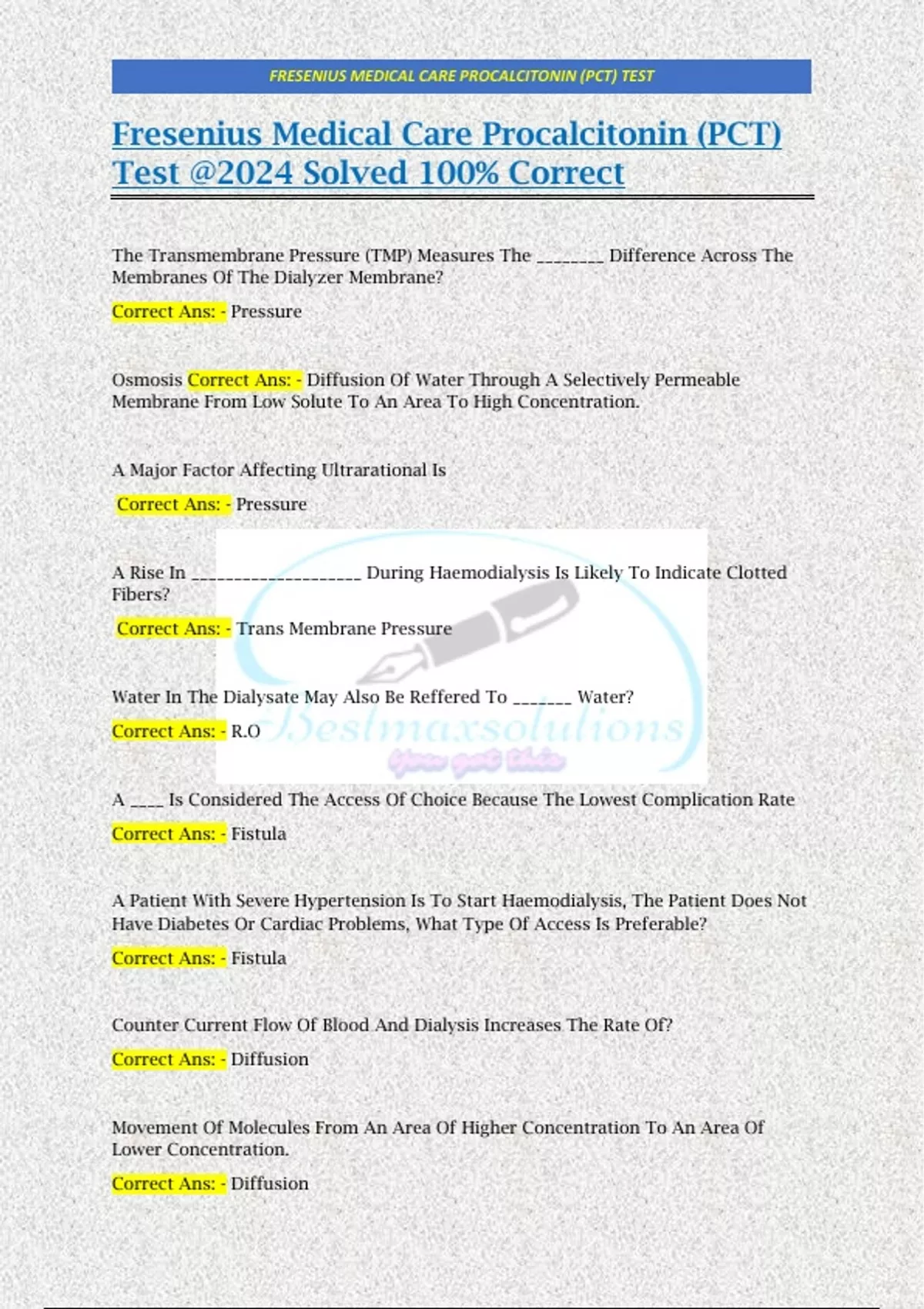 Fresenius Medical Care Procalcitonin (PCT) Test @2024 Solved 100% ...