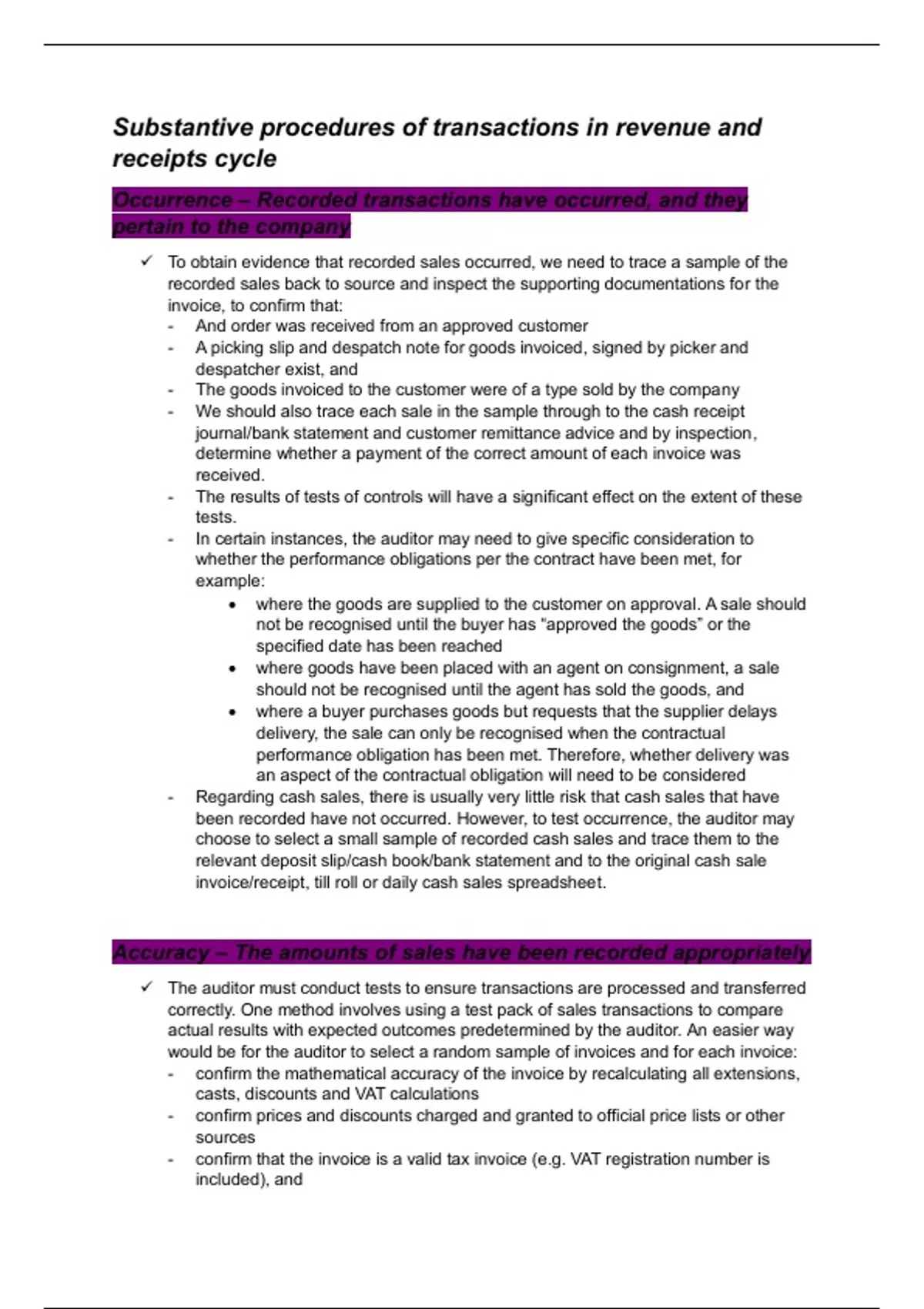 Summary Revenue and Receipts cycle substantive procedures - The Audit ...