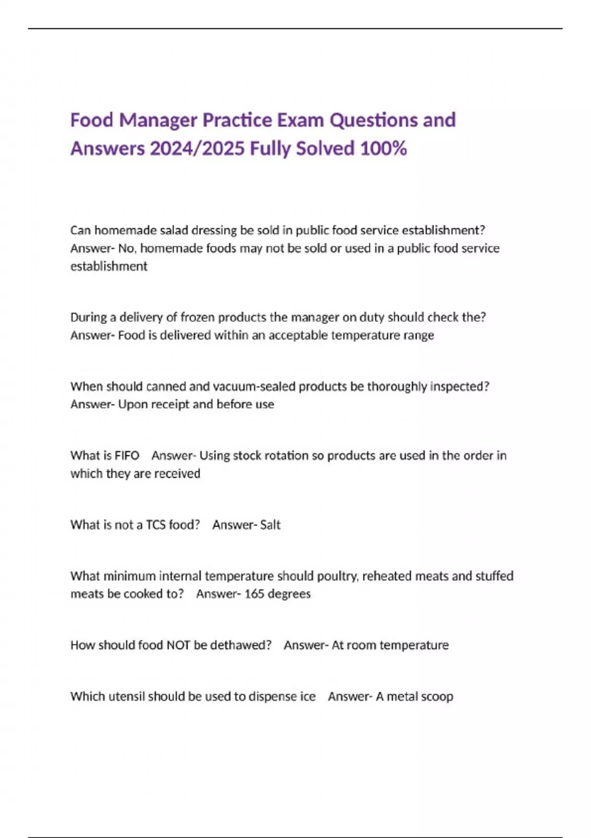 Food Manager Practice Exam Questions and Answers 2024/2025 Fully Solved ...