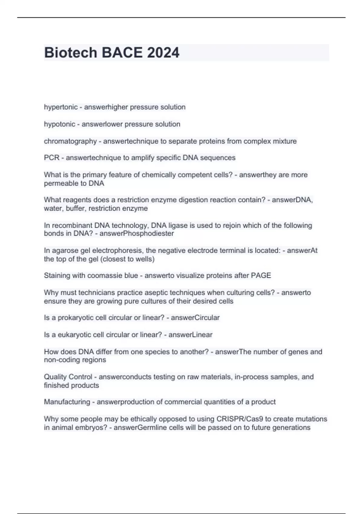 Biotech BACE 2024 Questions and Answers - BACE - Stuvia US