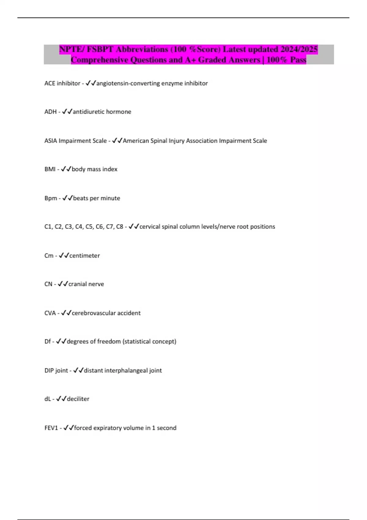 NPTE/ FSBPT Abbreviations (100 %Score) Latest updated 2024/2025 ...