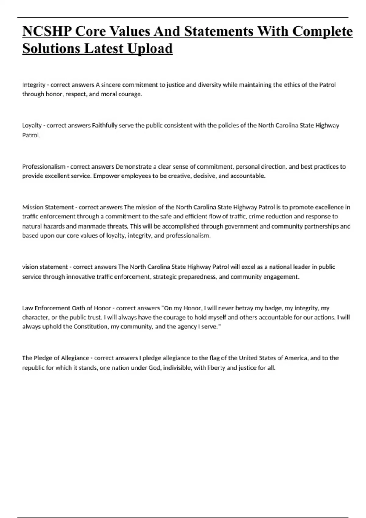 NCSHP Core Values And Statements With Complete Solutions Latest Upload ...