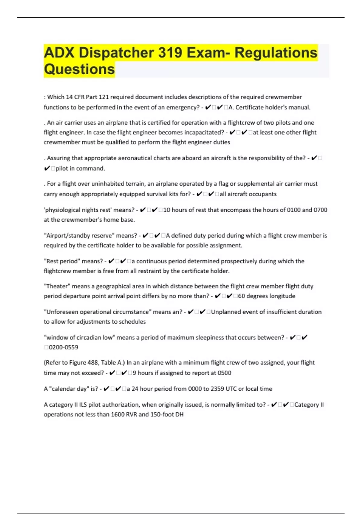 ADX Dispatcher 319 Exam- Regulations Questions Correctly Answered|25 ...