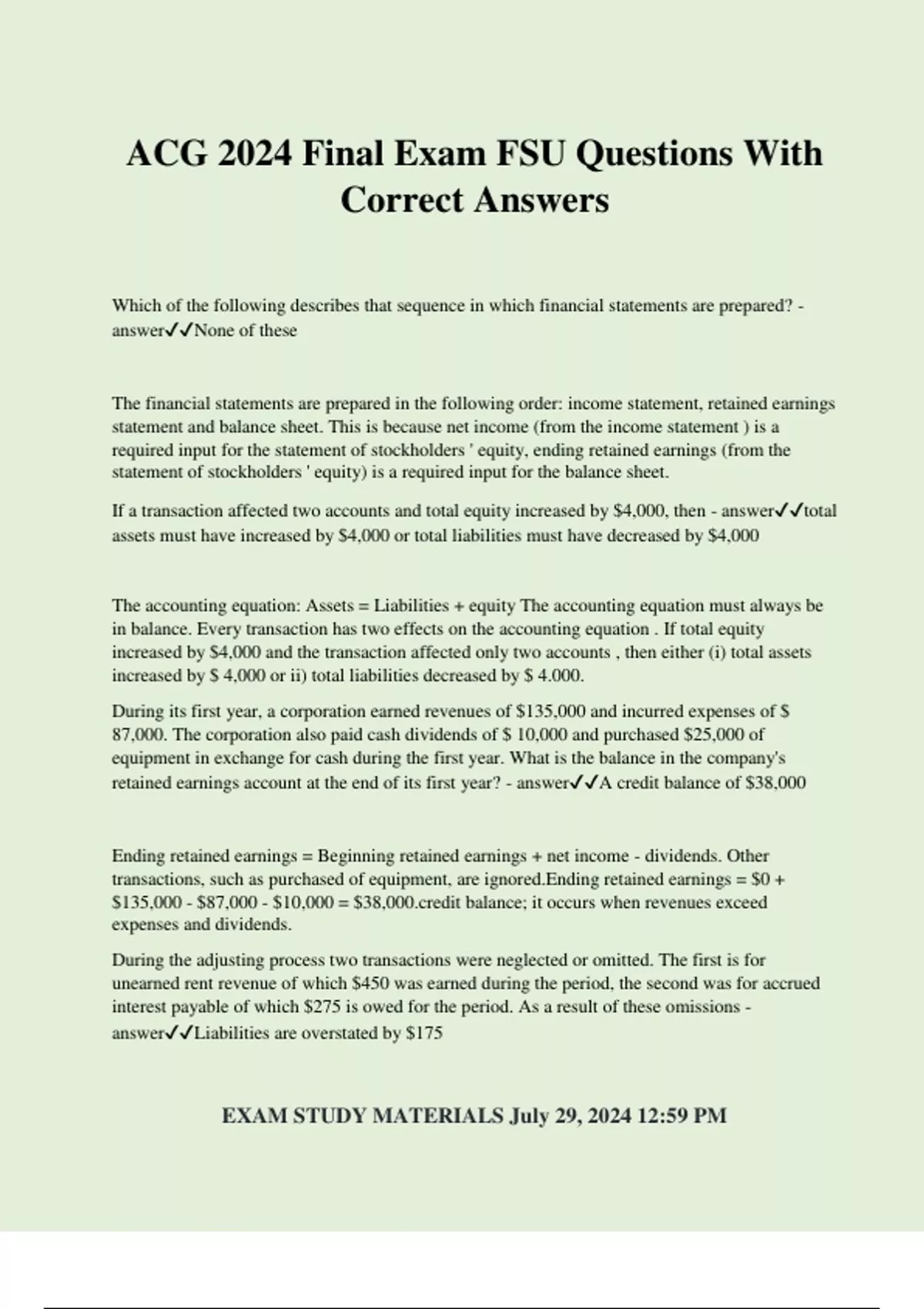 ACG 2024 Final Exam FSU Questions With Correct Answers - ACG - Stuvia US