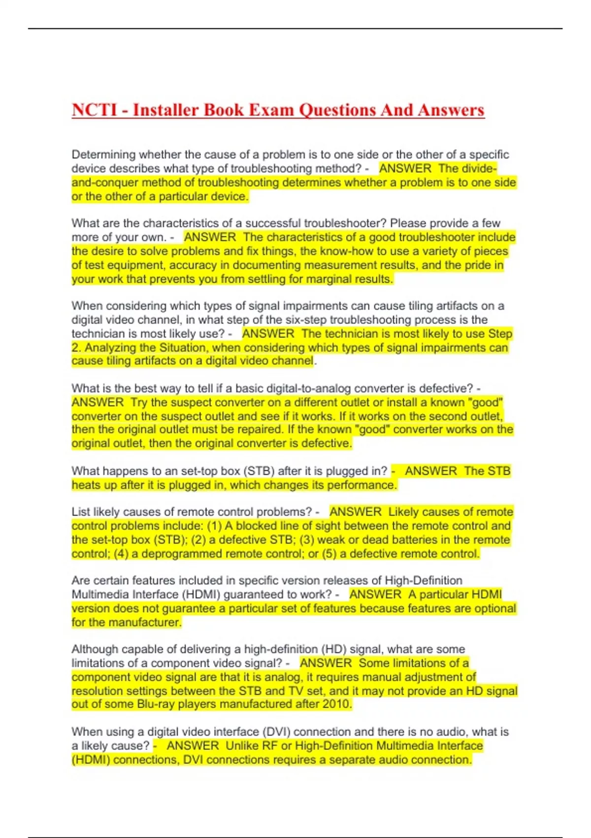 NCTI - Installer Book Exam Questions And Answers - NCTI - Installer ...