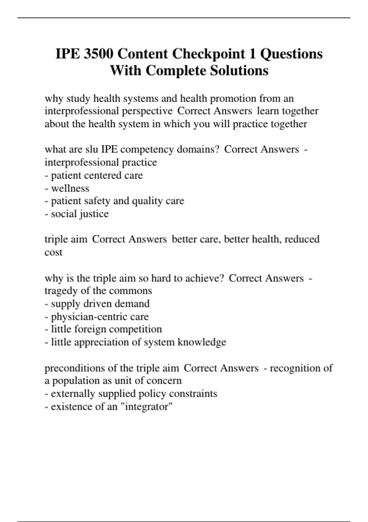 IPE 3500 Content Checkpoint 1 Questions With Complete Solutions - IPE 3500 - Stuvia US