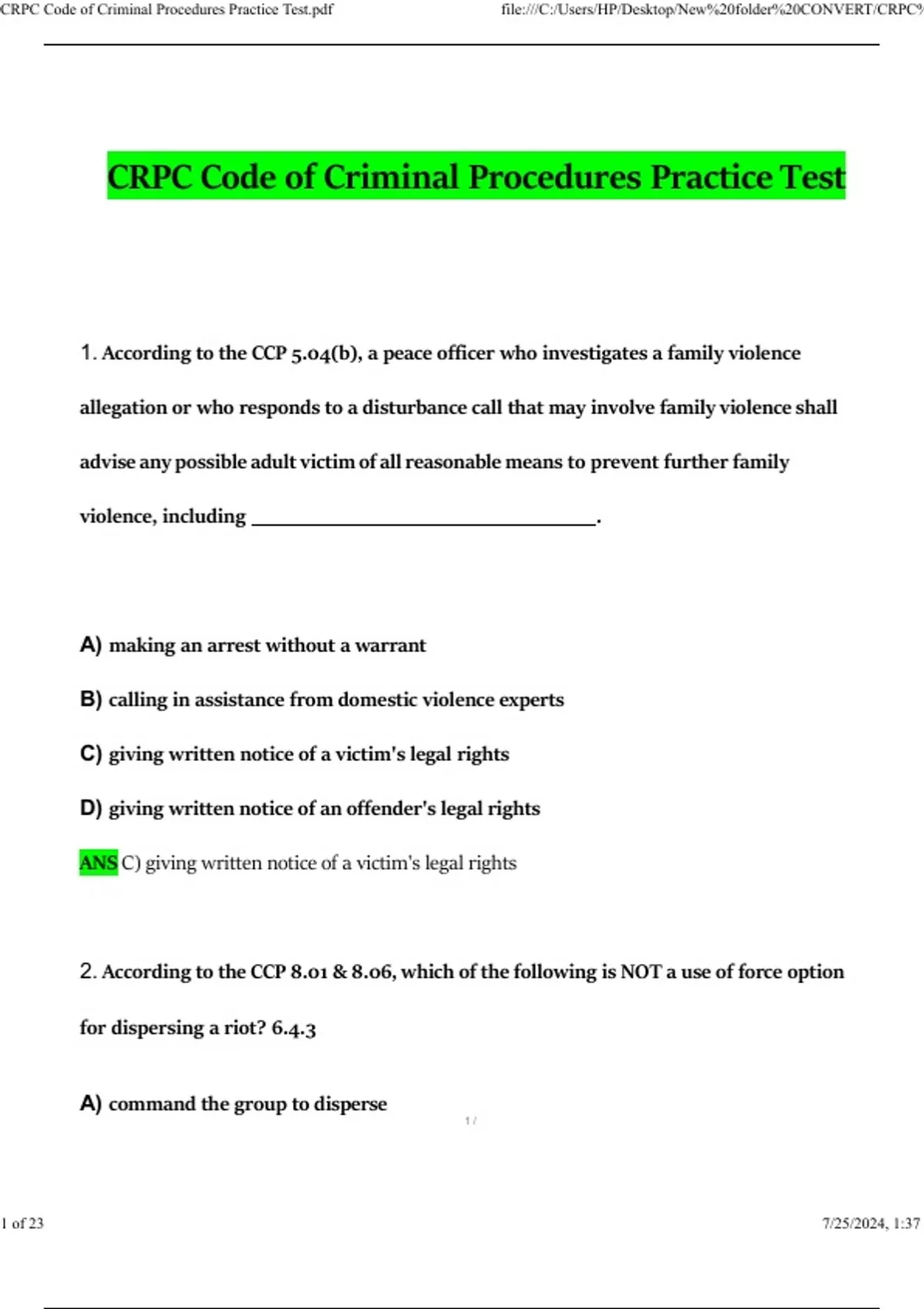 CRPC Code of Criminal Procedures Practice Test Questions and Verified ...