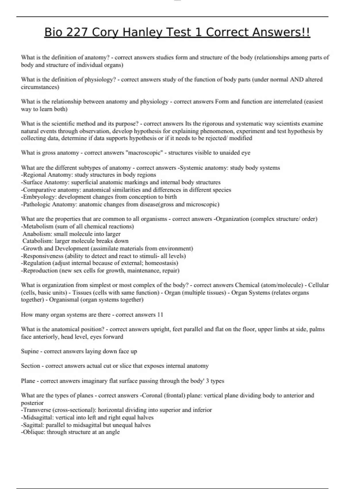 Bio 227 Cory Hanley Test 1 Correct Answers!! - BIO 227 - Stuvia US