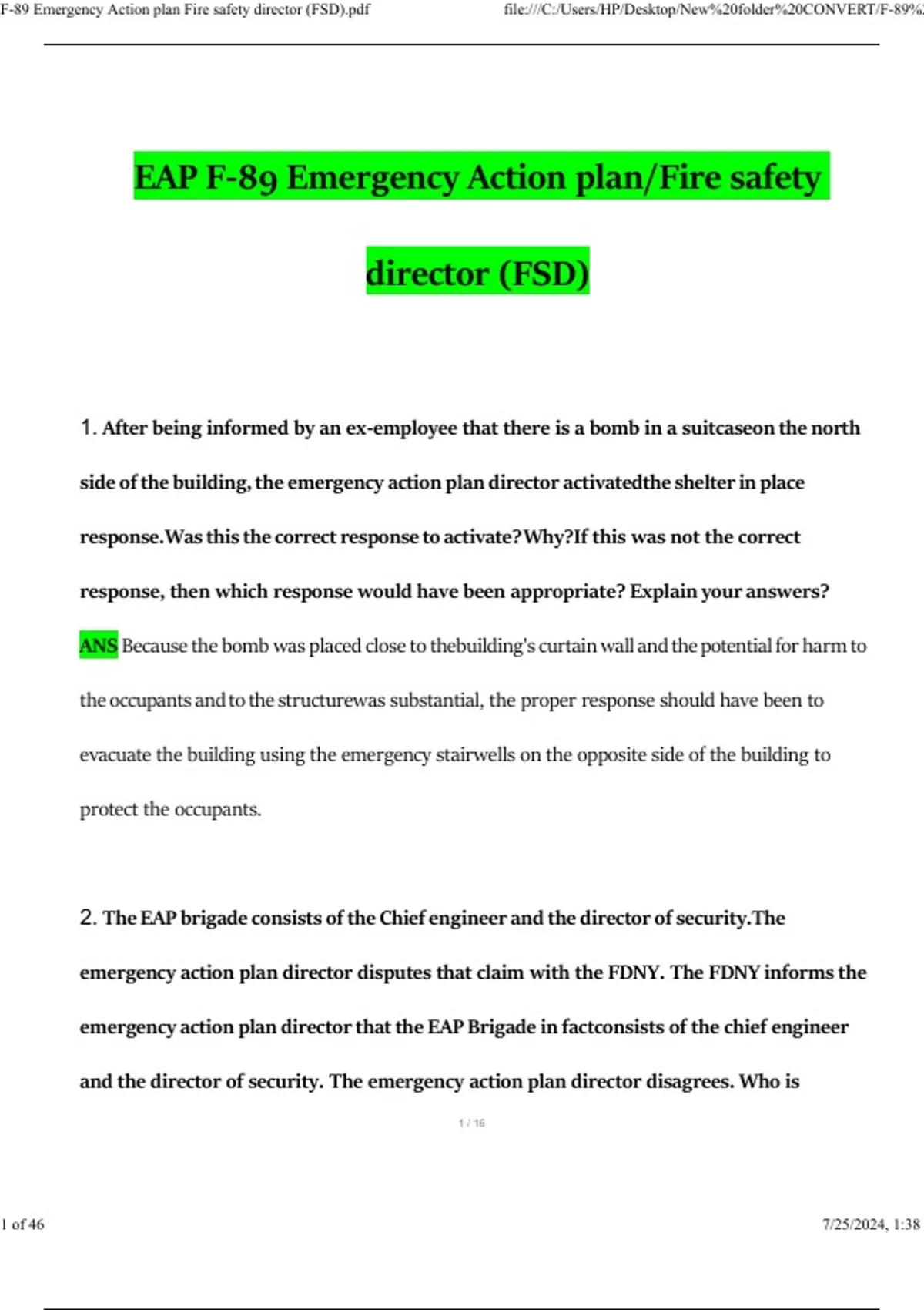 F-89 Emergency Action plan Fire safety director (FSD) Questions and ...