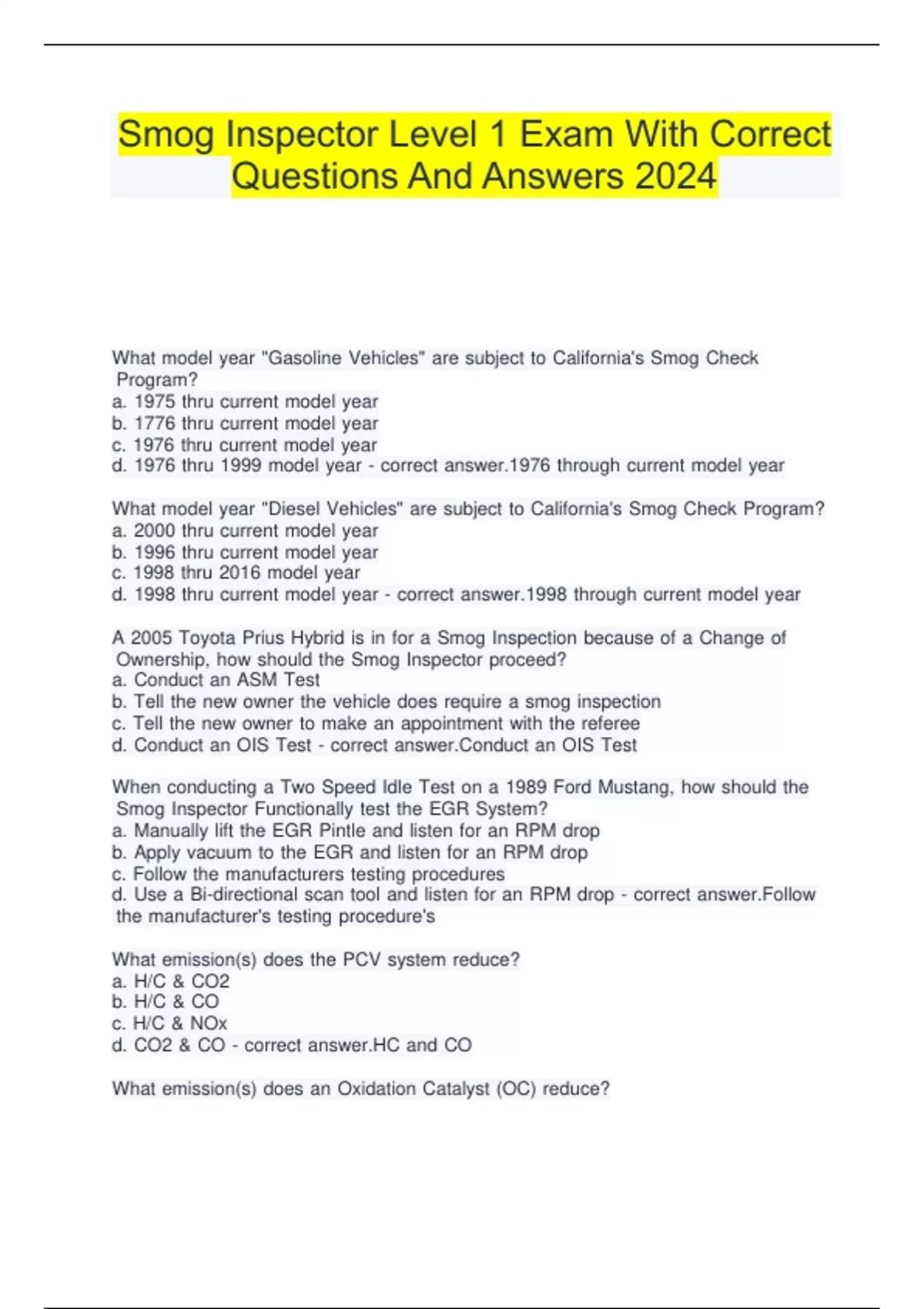 Smog Inspector Level 1 Exam With Correct Questions And Answers 2024 ...