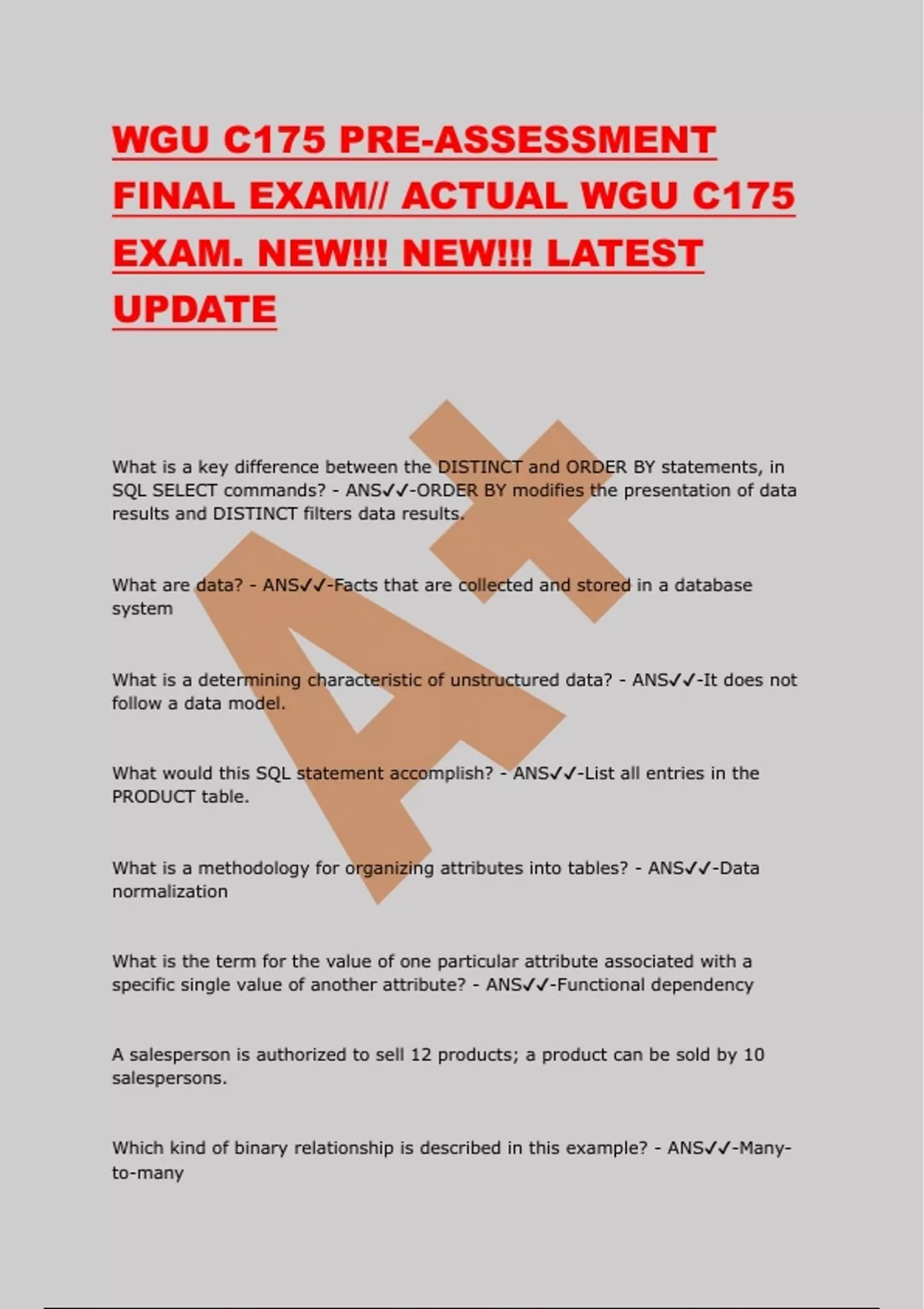 WGU C175 PRE-ASSESSMENT FINAL EXAM// ACTUAL WGU C175 EXAM. NEW!!! NEW ...